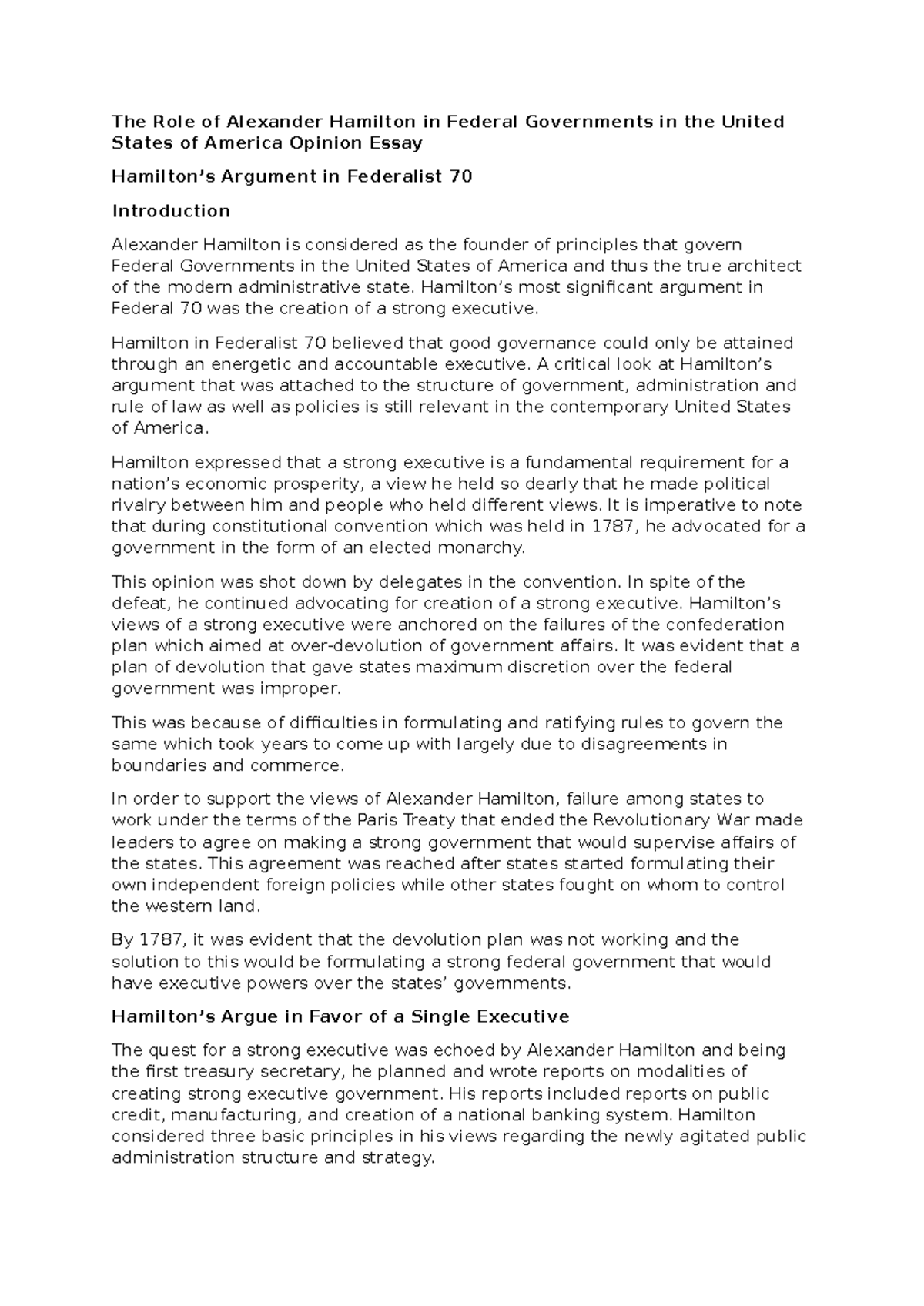 The Role of Alexander Hamilton in Federal Governments in the United ...