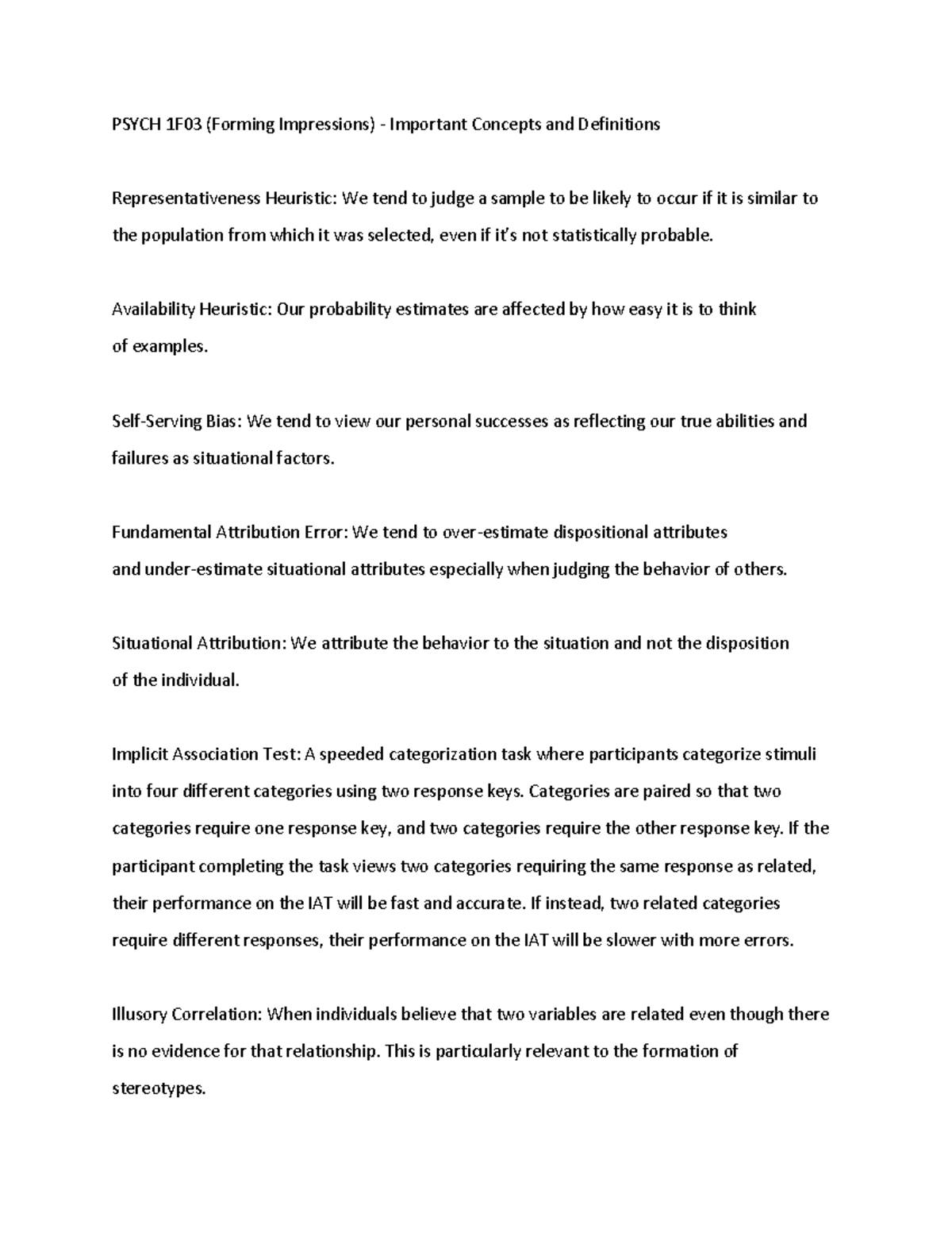 Psych 1F03 (Forming Impressions) - Important Concepts and Definitions ...