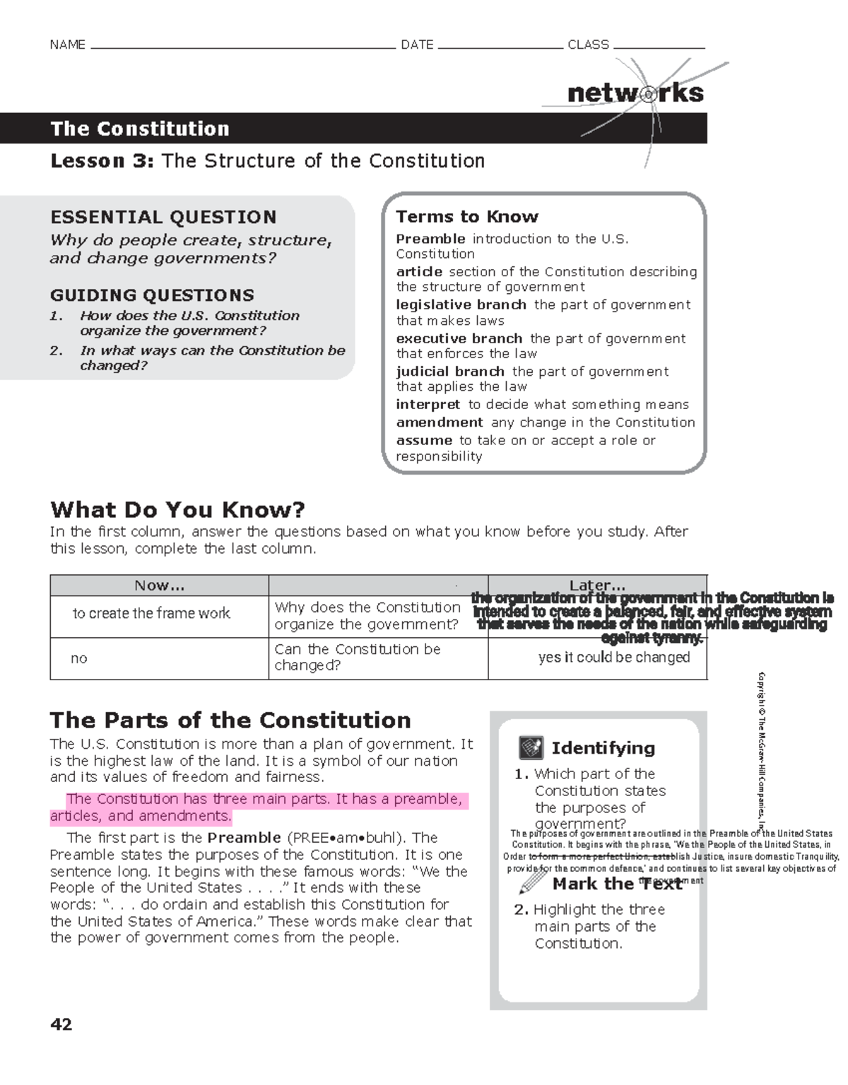 Kami Export - Emani Levy - The Constitution Lesson 3 - NAME DATE CLASS Copyright © The McGraw ...