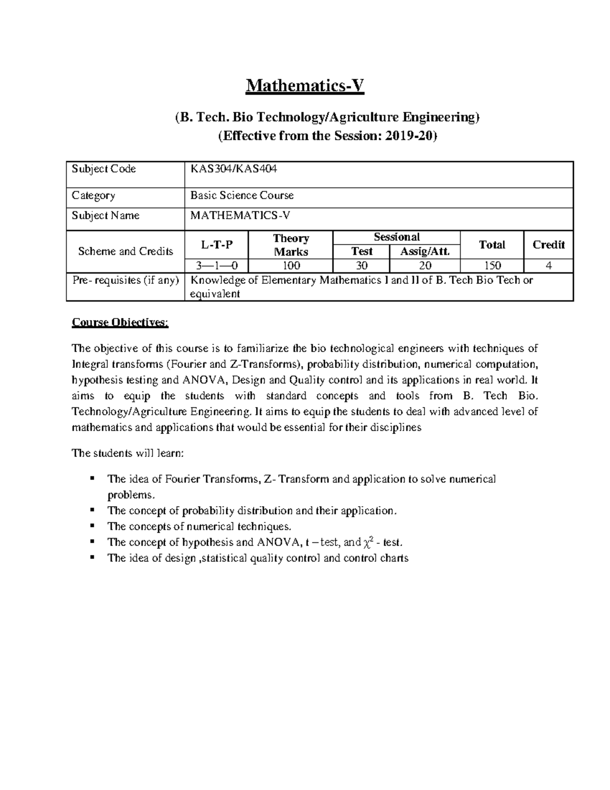 Maths V - Math v syllabus - Mathematics-V (B. Tech. Bio Technology ...