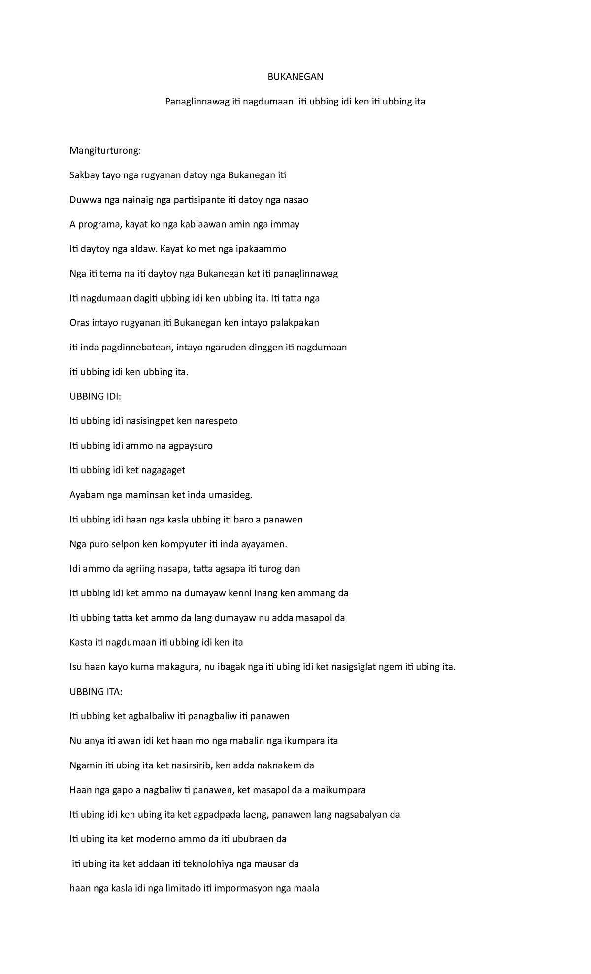 Bukanegan-1 - For Ilokano BEED students. - BUKANEGAN Panaglinnawag iti ...