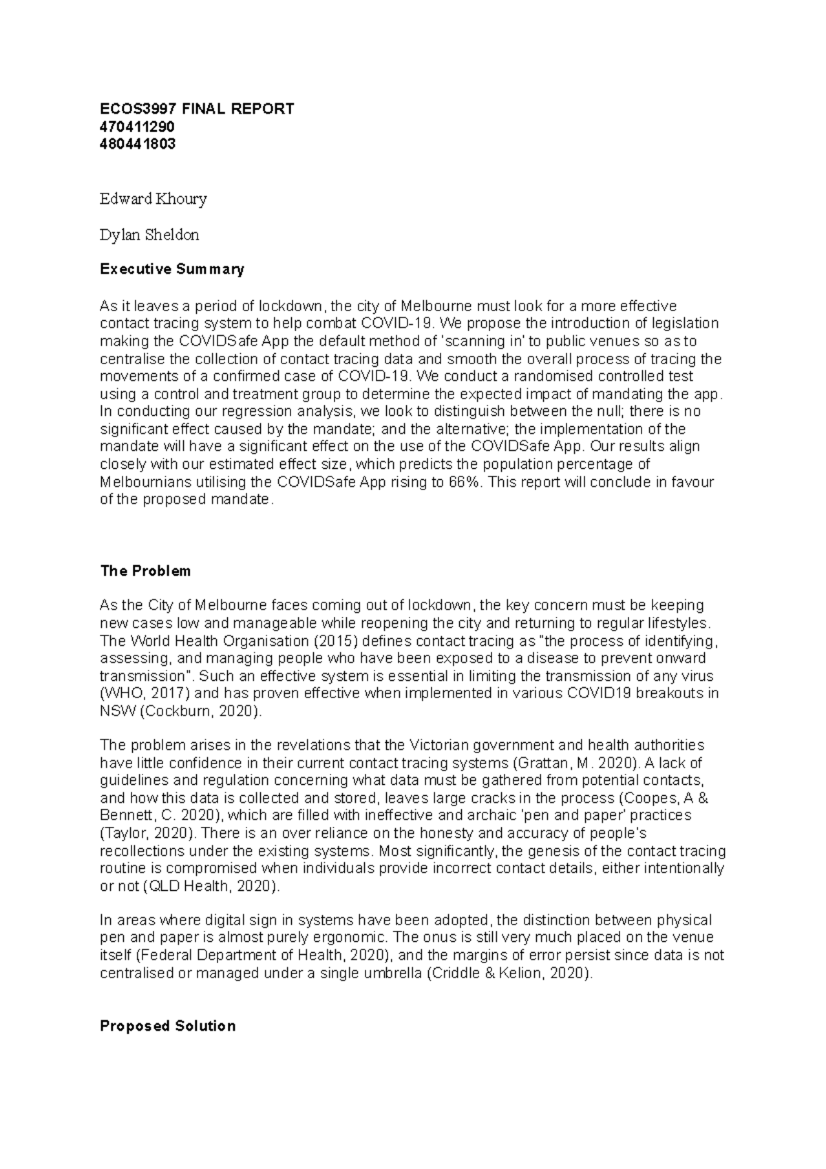 ECOS3997 Final Report - ECOS3997 FINAL REPORT 470411290 480441803 ...