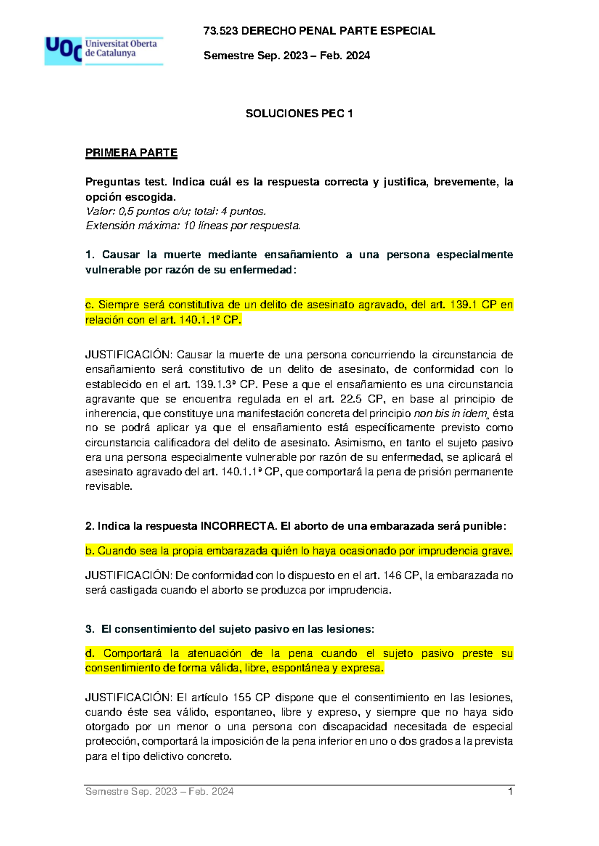 PEC1 - SOLPEC 1 DE DERECHO PENAL II - Semestre Sep. 2023 – Feb. 202 4 SOLUCIONES PEC 1 PRIMERA ...