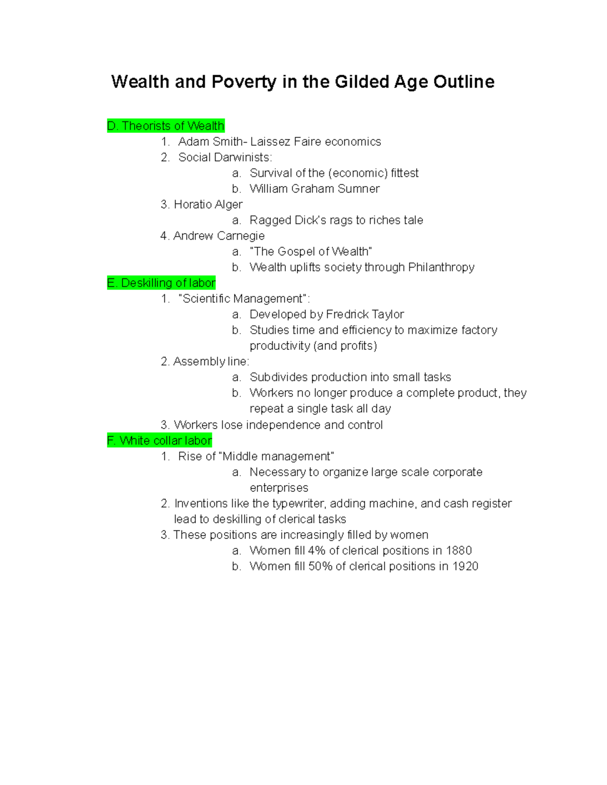 U.S History Since 1877- Wealth and Poverty in the Gilded Age Outline ...