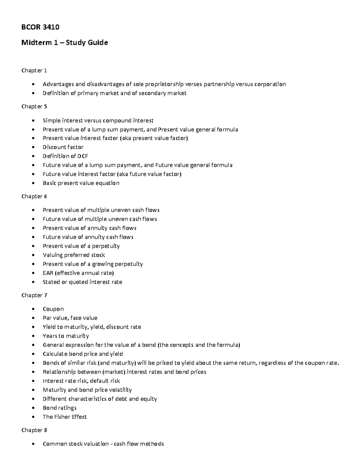 BCOR 3750 Assignment #1 - BCOR 3410 Midterm 1 – Study Guide Chapter 1 ...