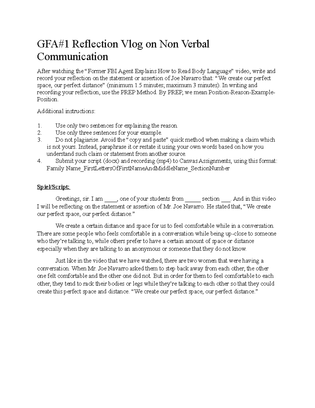 Sample Speech Communication Video Reflection Vlog Script GFA 1 