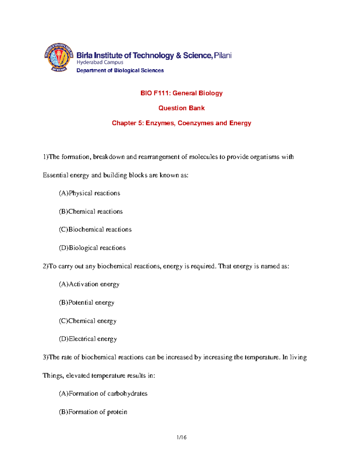 BIO F111 Chapter 5 - BIO F111: General Biology Question Bank Chapter 5 ...