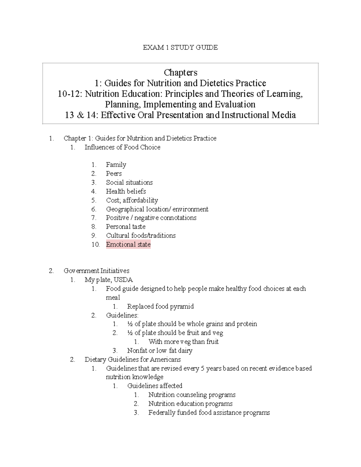 NFS 385 Exam 1 Studygudie - EXAM 1 STUDY GUIDE Chapter 1: Guides for ...