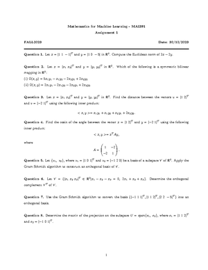 Mini Quiz 1 - Mini Quiz 1 - Mathematics for AI - Studocu