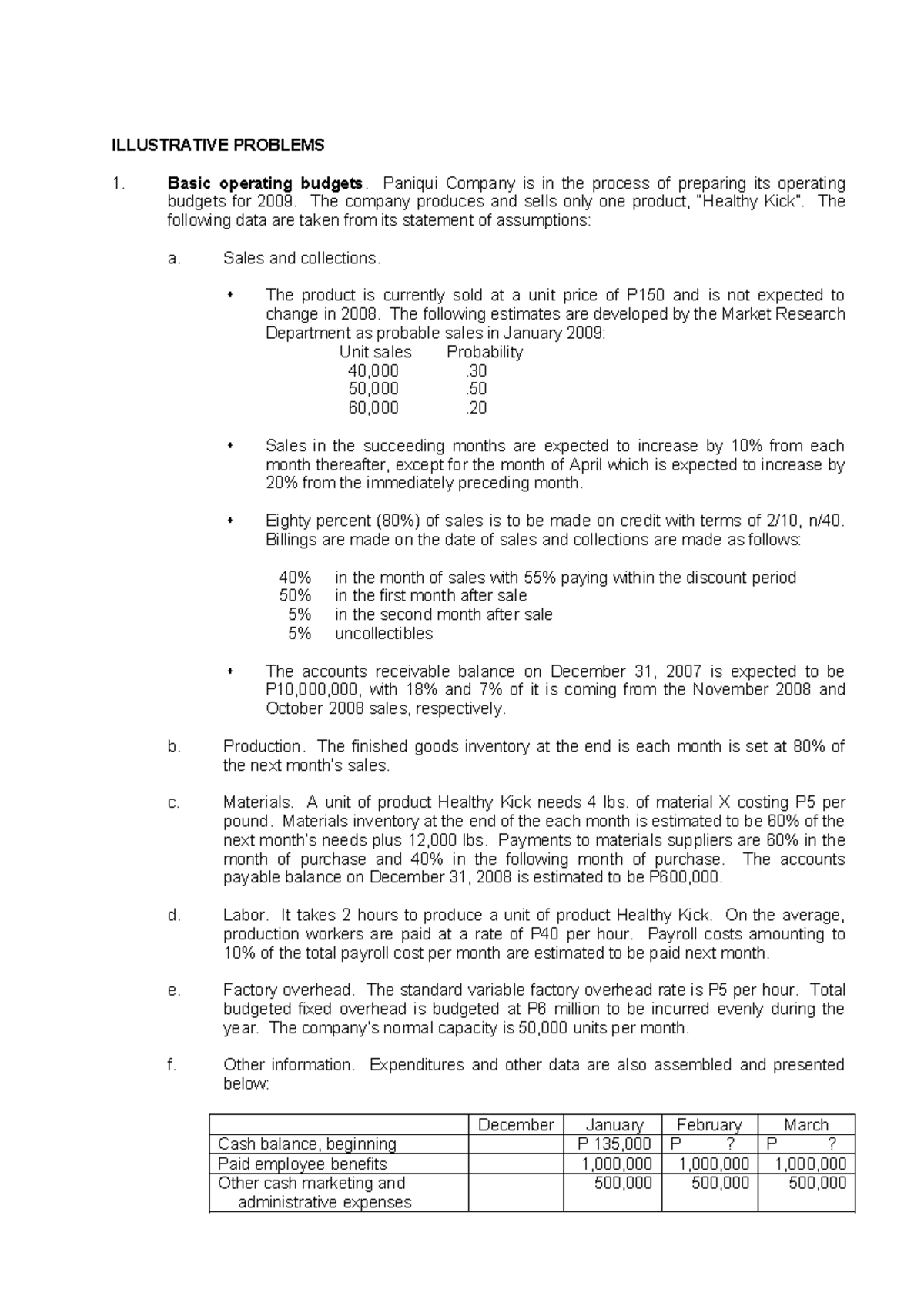 Paniqui company - ILLUSTRATIVE PROBLEMS Basic operating budgets ...