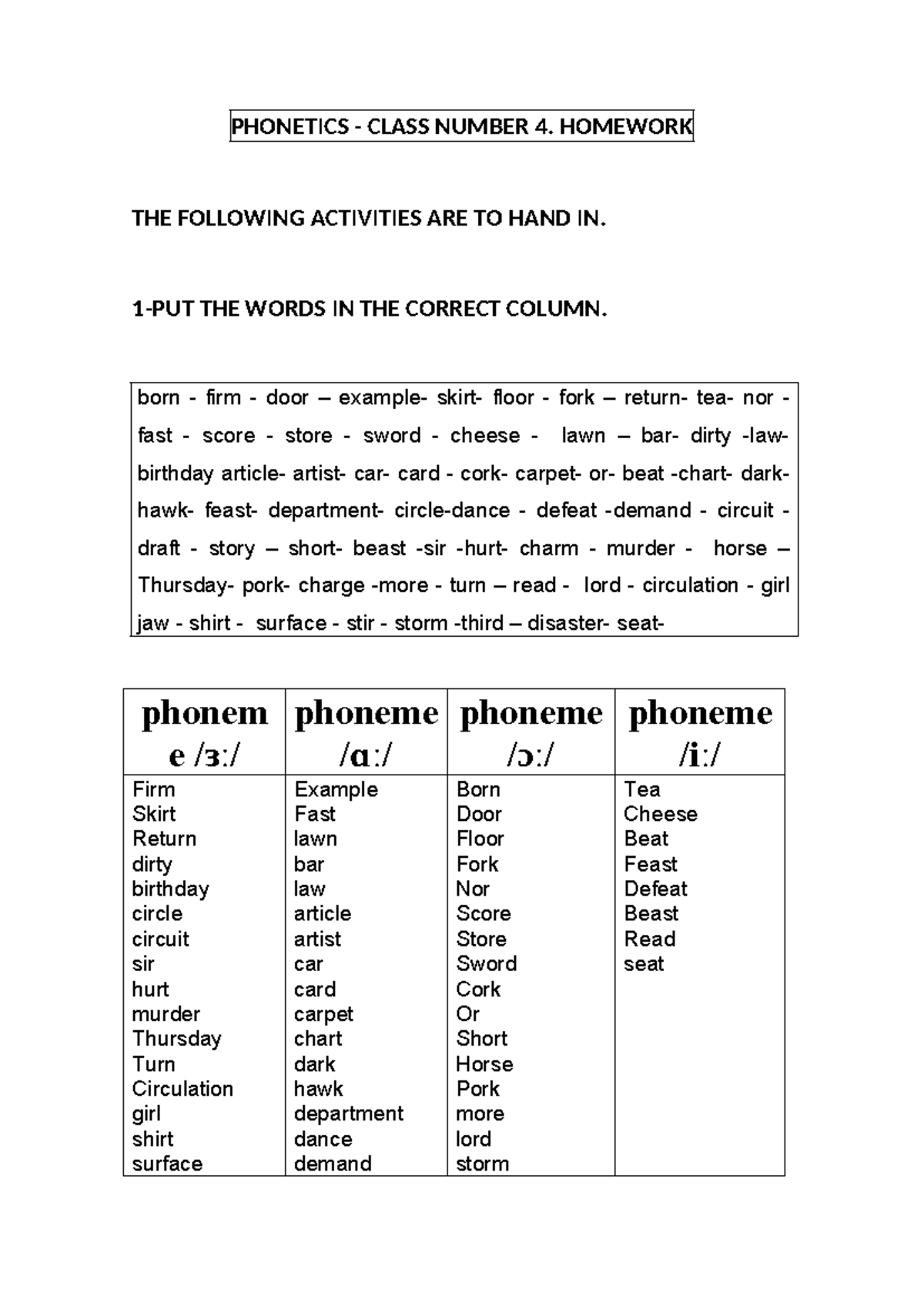 Phonetics Class N°4 Homework - PHONETICS - CLASS NUMBER 4. HOMEWORK THE ...