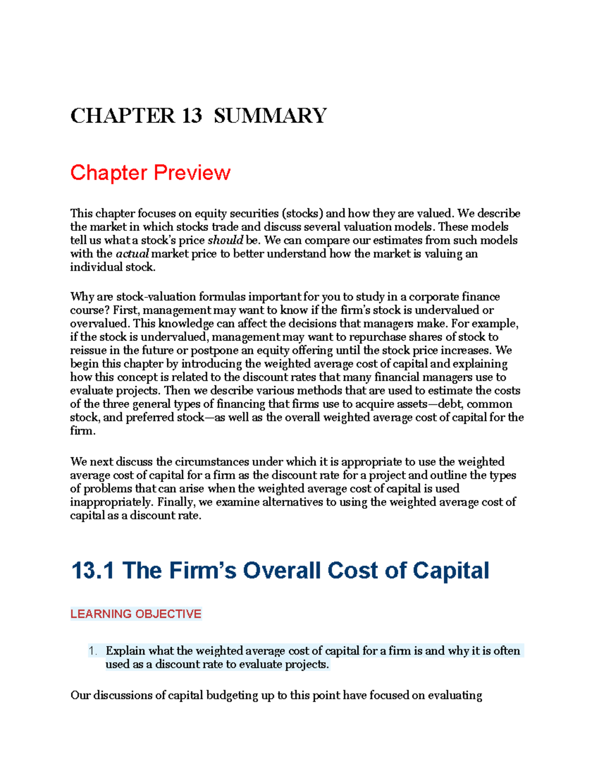 MT480 Chapter 13 Sumary. - CHAPTER 13 SUMMARY Chapter Preview This ...