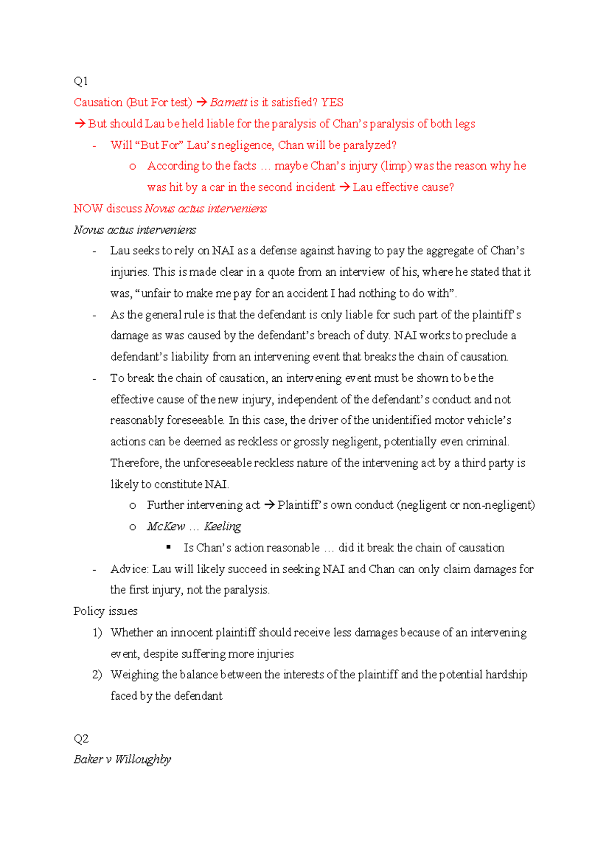 Tutorial 4 Answer - aaaaaa - Q Causation (But For test) à Barnett is it ...