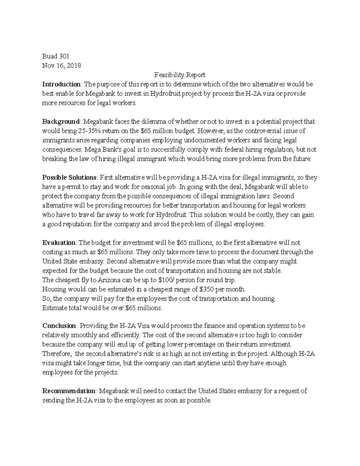 Feasibility report - business class - Buad 301 Nov 16, 2018 Feasibility ...