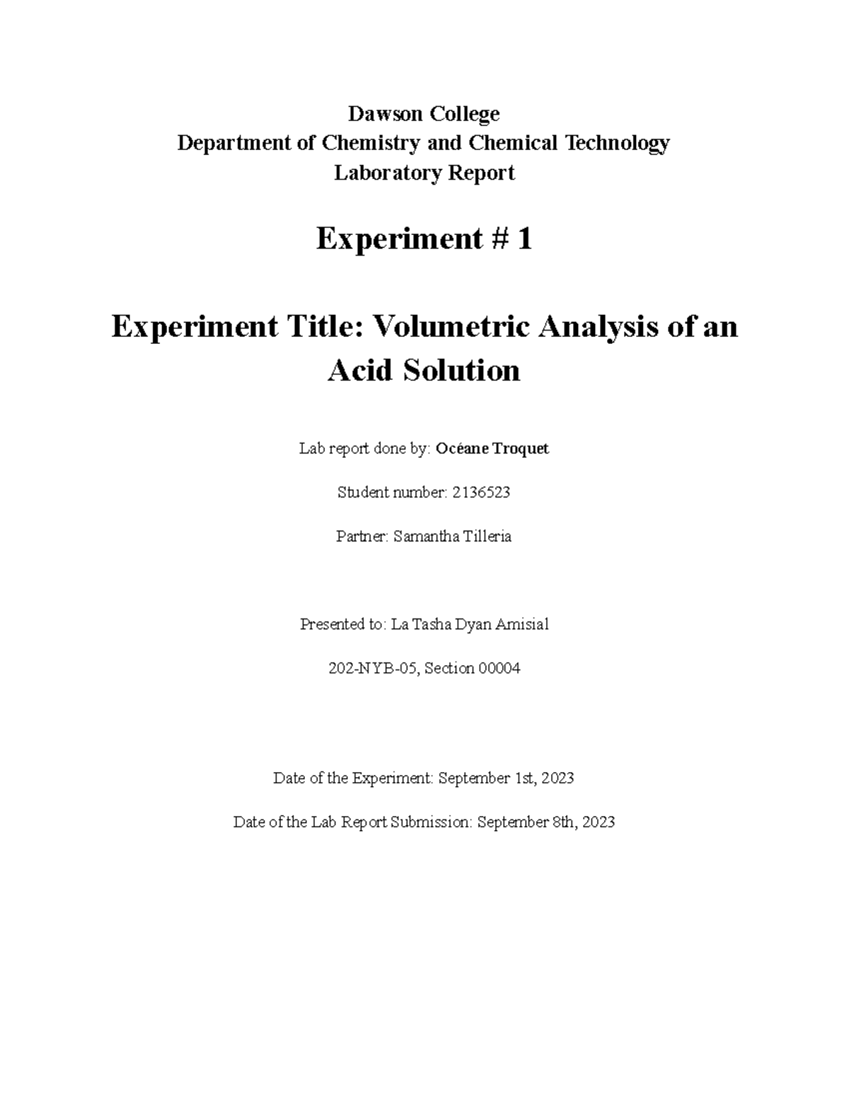 Volumetric Analysis Lab report - Dawson College Department of Chemistry ...
