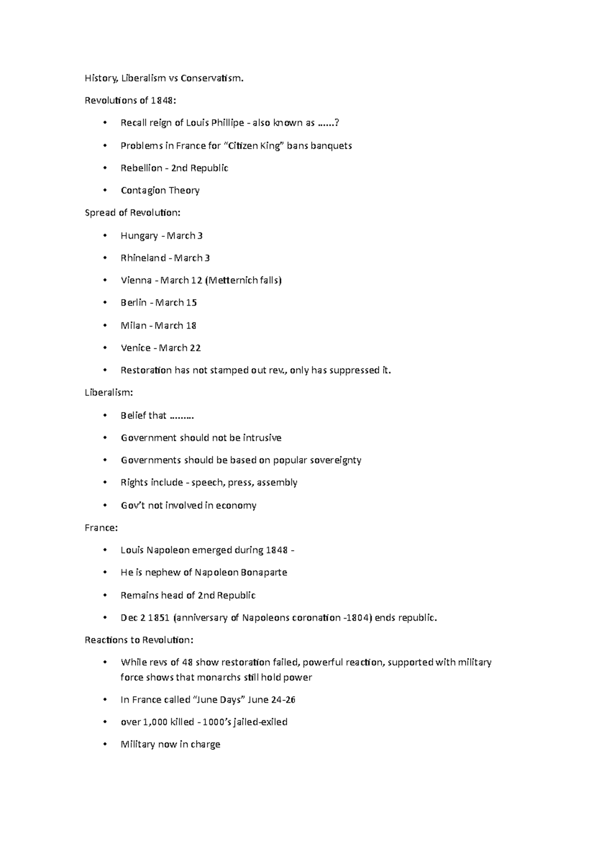 History, Liberalism vs Conservatism - Revolutions of 1848: - Recall ...