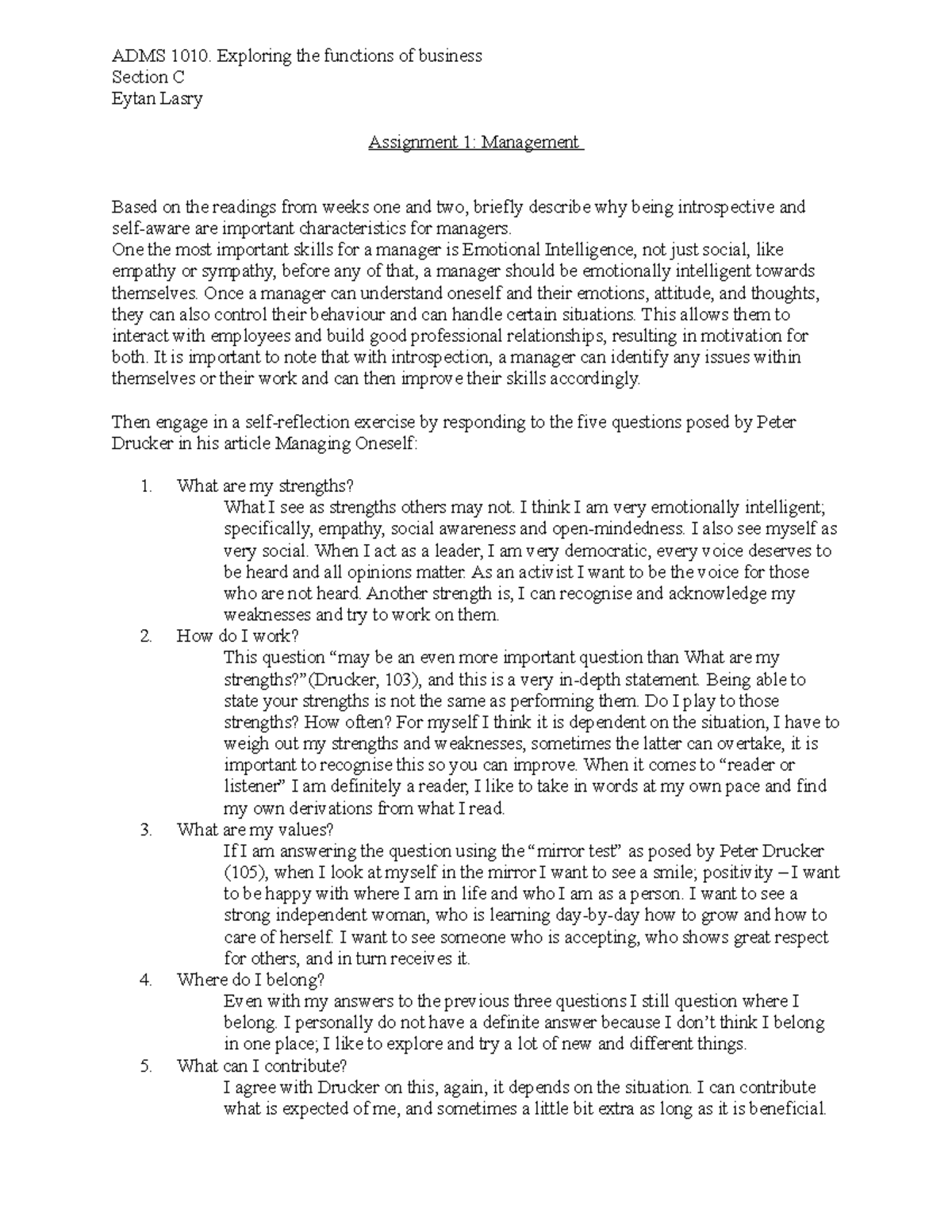 Assignment 1 - ADMS 1010. Exploring the functions of business Section C Eytan Lasry Assignment 1 ...