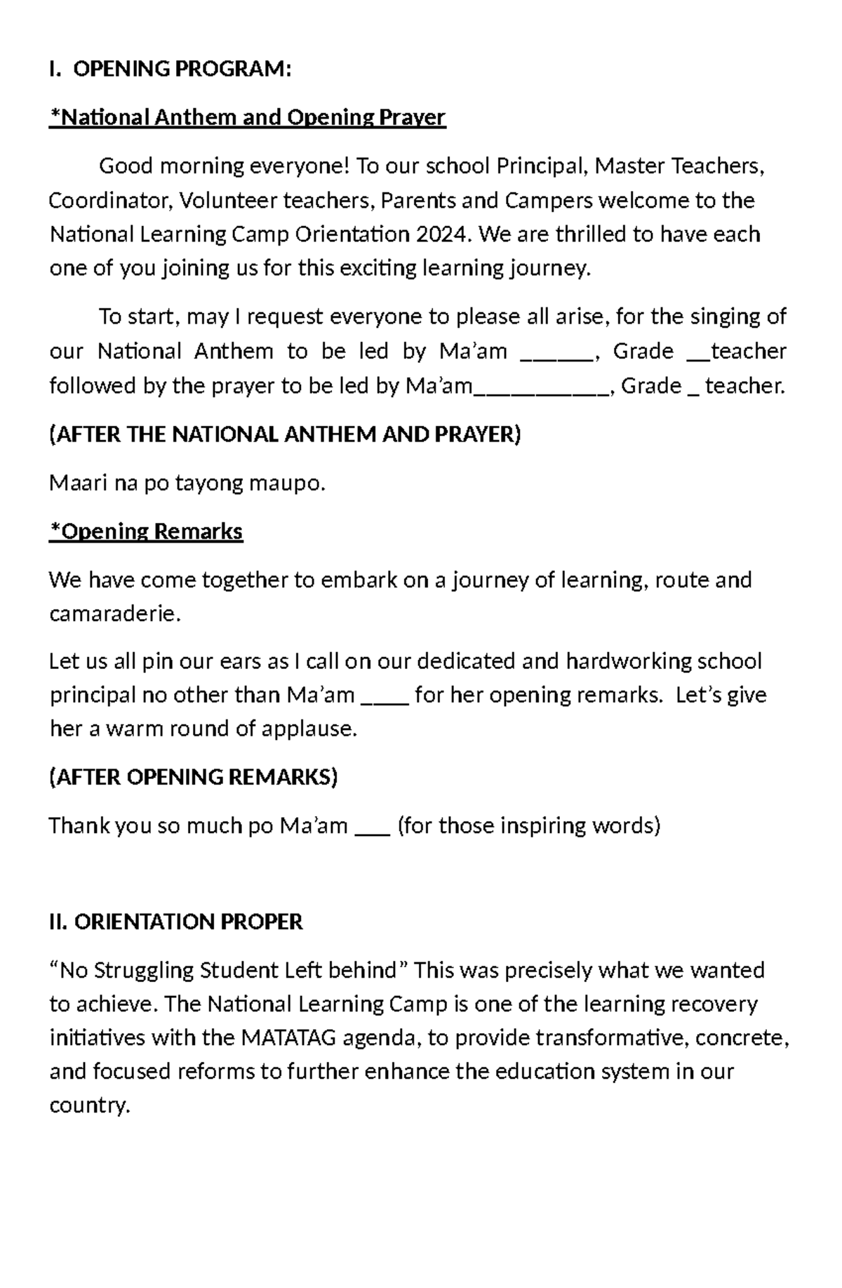 NLC Script - I. OPENING PROGRAM: *National Anthem and Opening Prayer ...