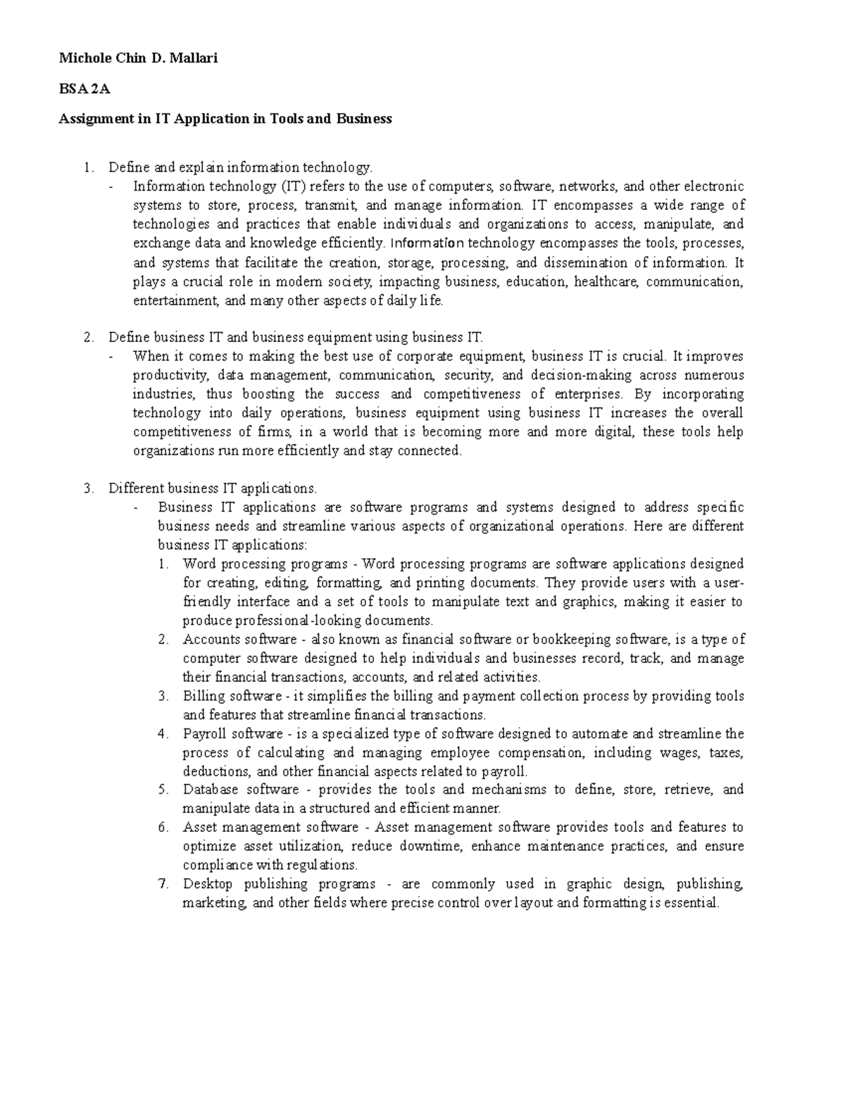 IT-assignment - sdas - Michole Chin D. Mallari BSA 2A Assignment in IT ...