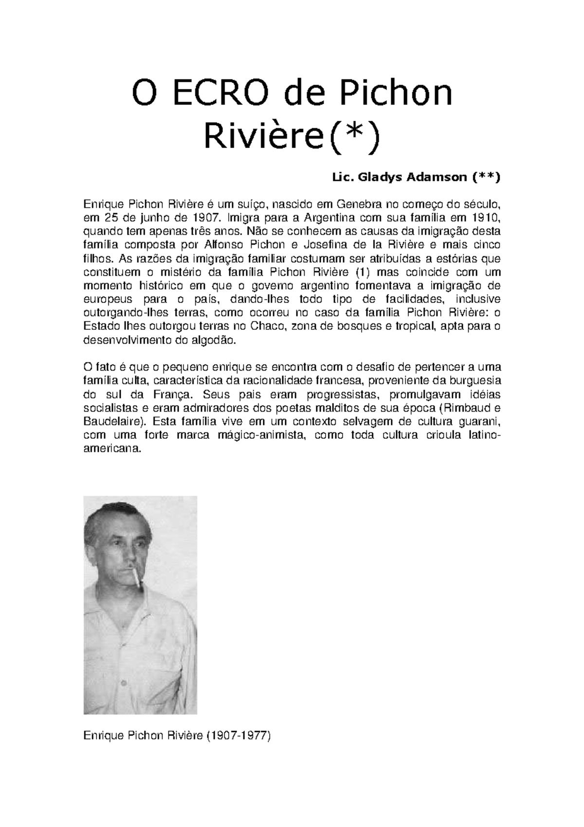 O ecro de Pichon Riviere - O ECRO de Pichon Rivière (*) Lic. Gladys ...