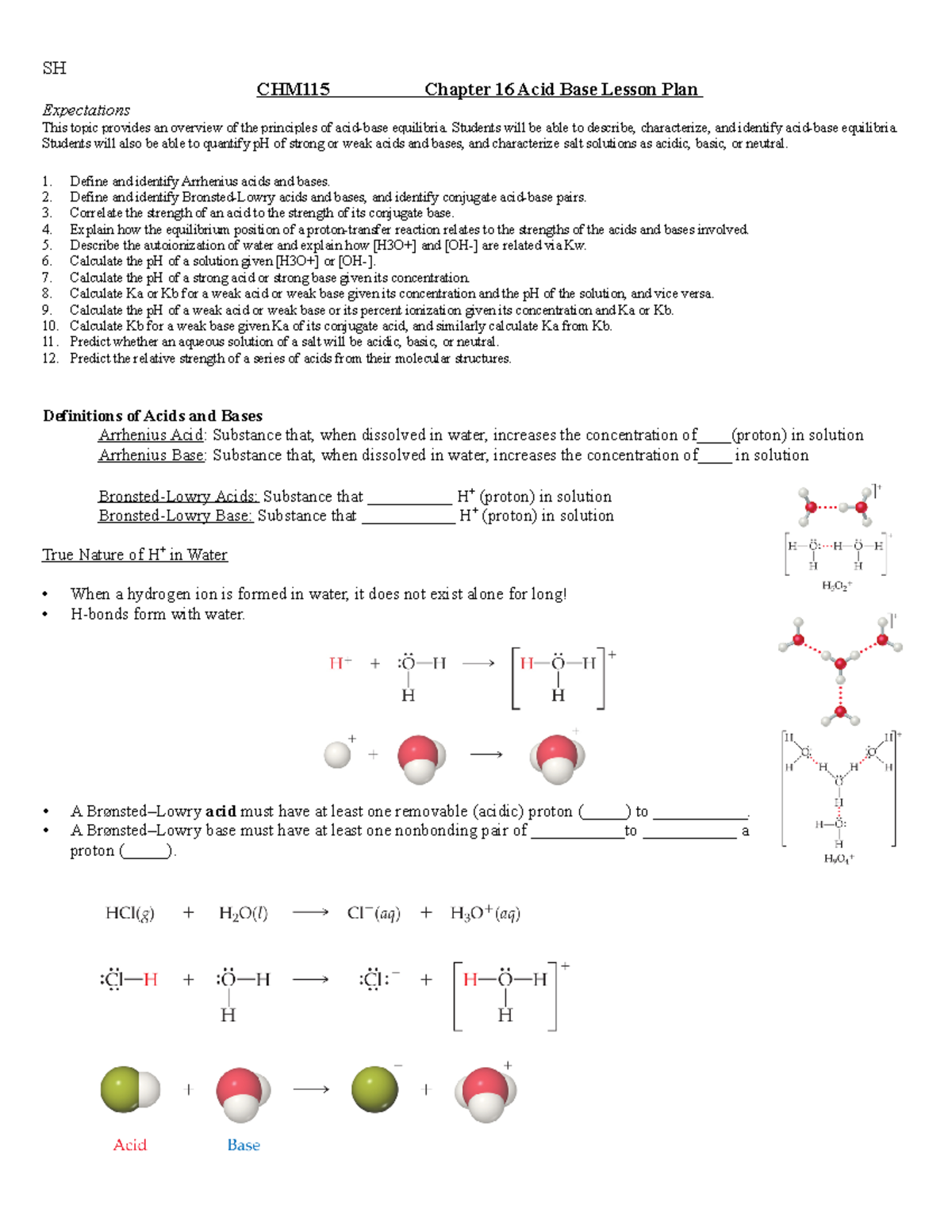Ch 16 Acid Base Lesson Plan SP2023 - CHM115 Chapter 16 Acid Base Lesson ...