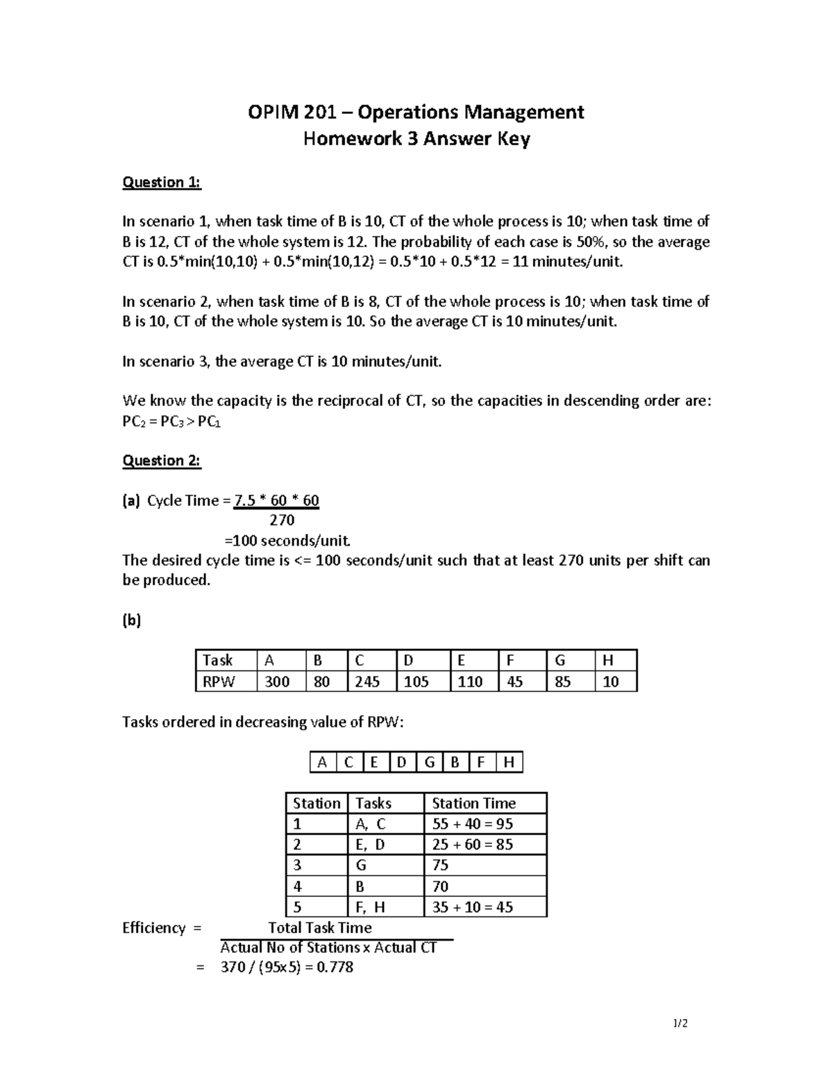 OPIM201 HW3 Key - ans - 1 / 2 OPIM 201 – Operations Management Homework ...