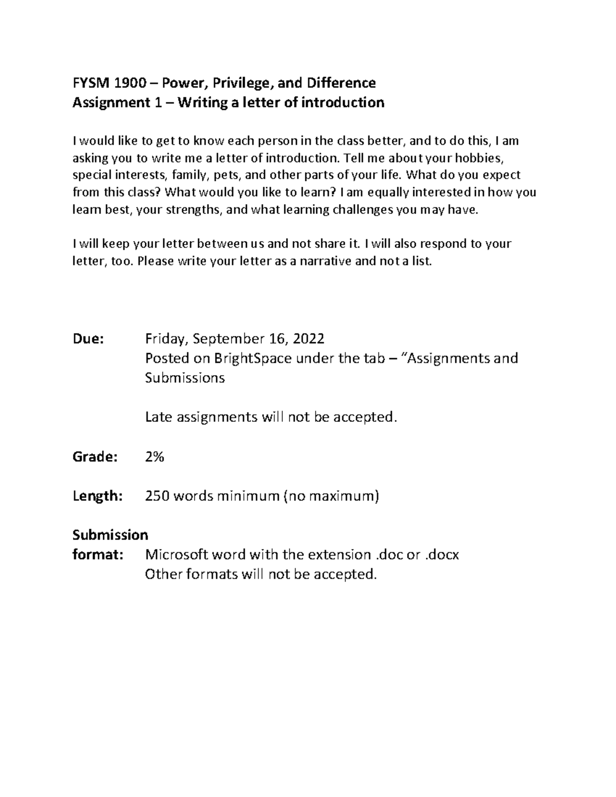 Assignment 1 - Writing a letter of introduction 2% - FYSM 1900 – Power ...