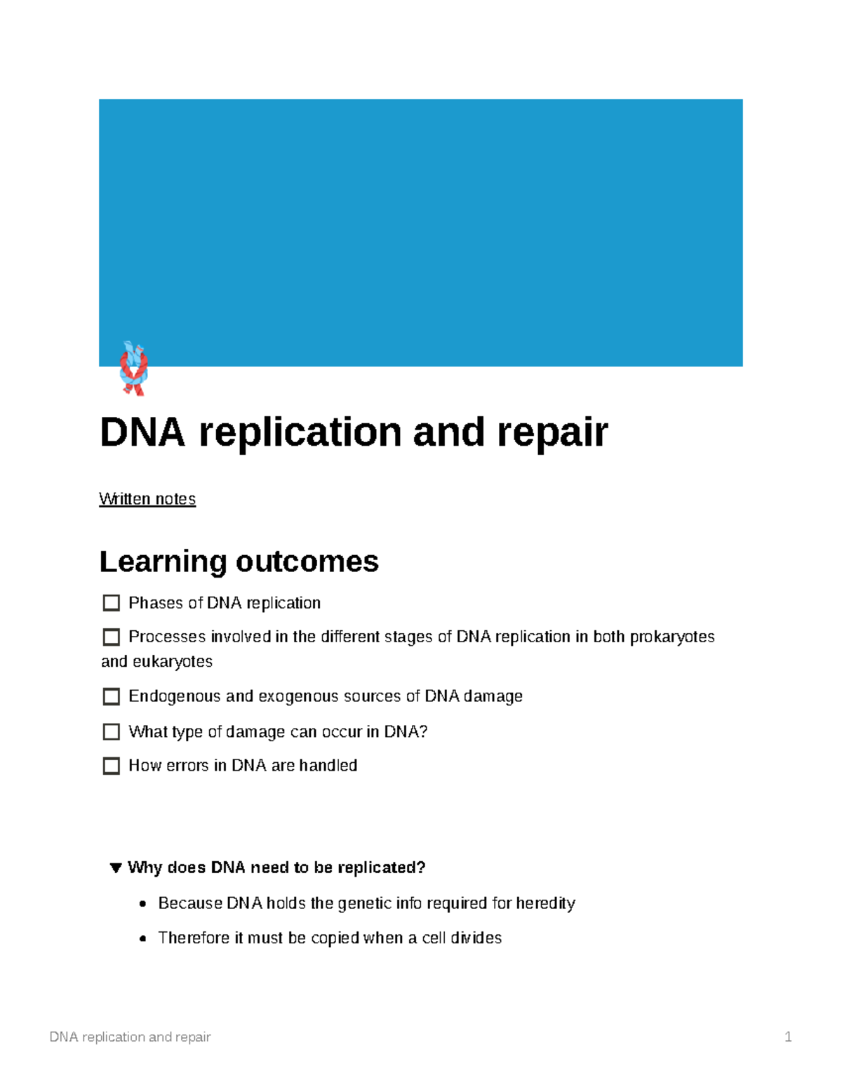 DNA replication and repair lecture notes - R DNA replication and repair ...