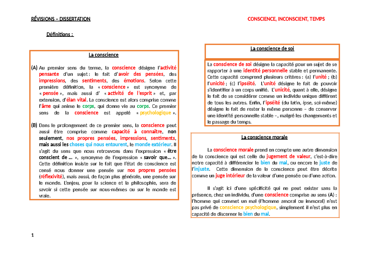 Révisions - Conscience, inconscient, temps - Définitions : La ...