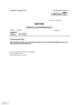 MAT1510 - Unisa - Precalculus A - Studocu
