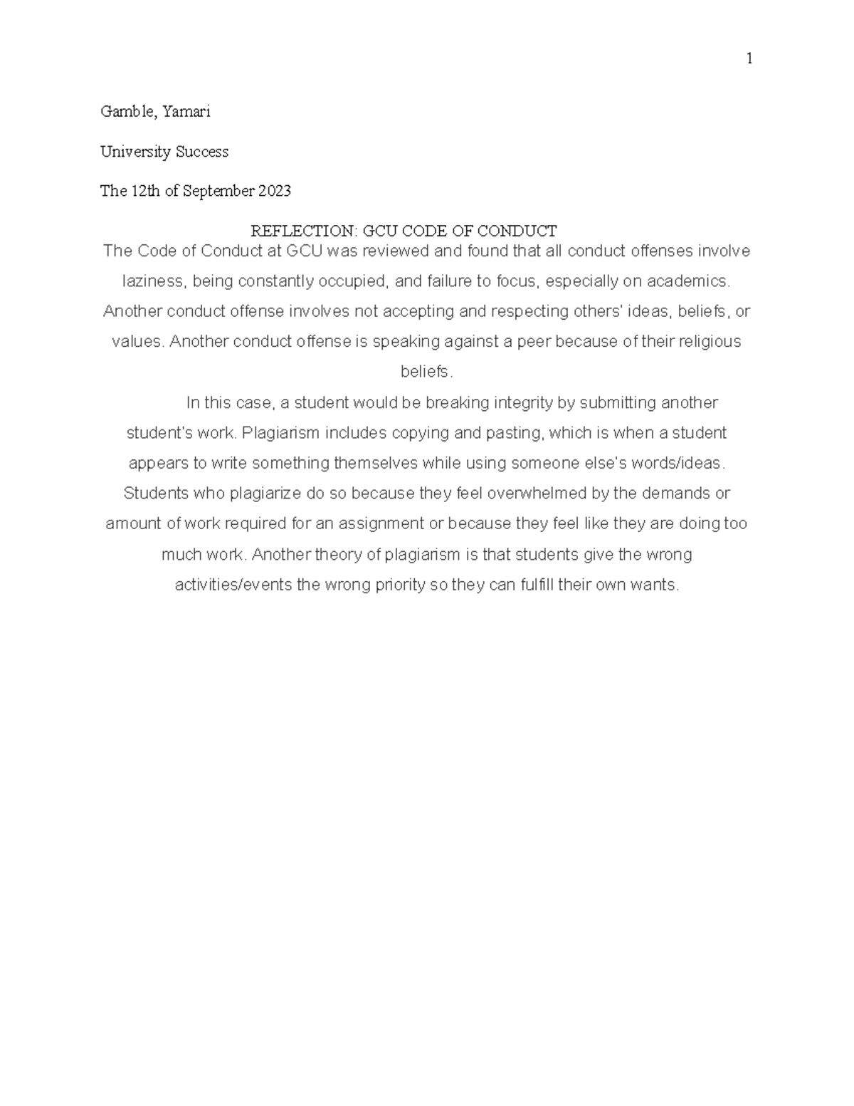Reflection: GCU Code Of Conduct - 1 Gamble, Yamari University Success ...