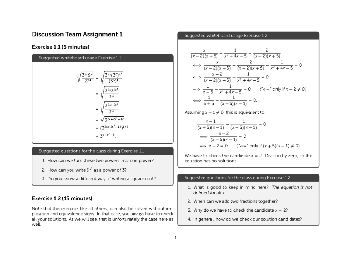 Team assignment 1 discussion - Discussion Team Assignment 1 Exercise 1 ...