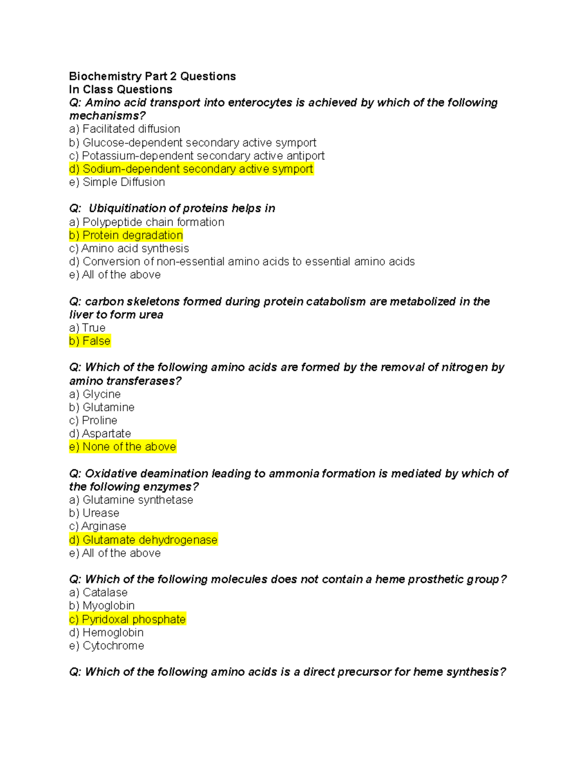 Biochemistry Practice Questions Part 2 - Biochemistry Part 2 Questions ...