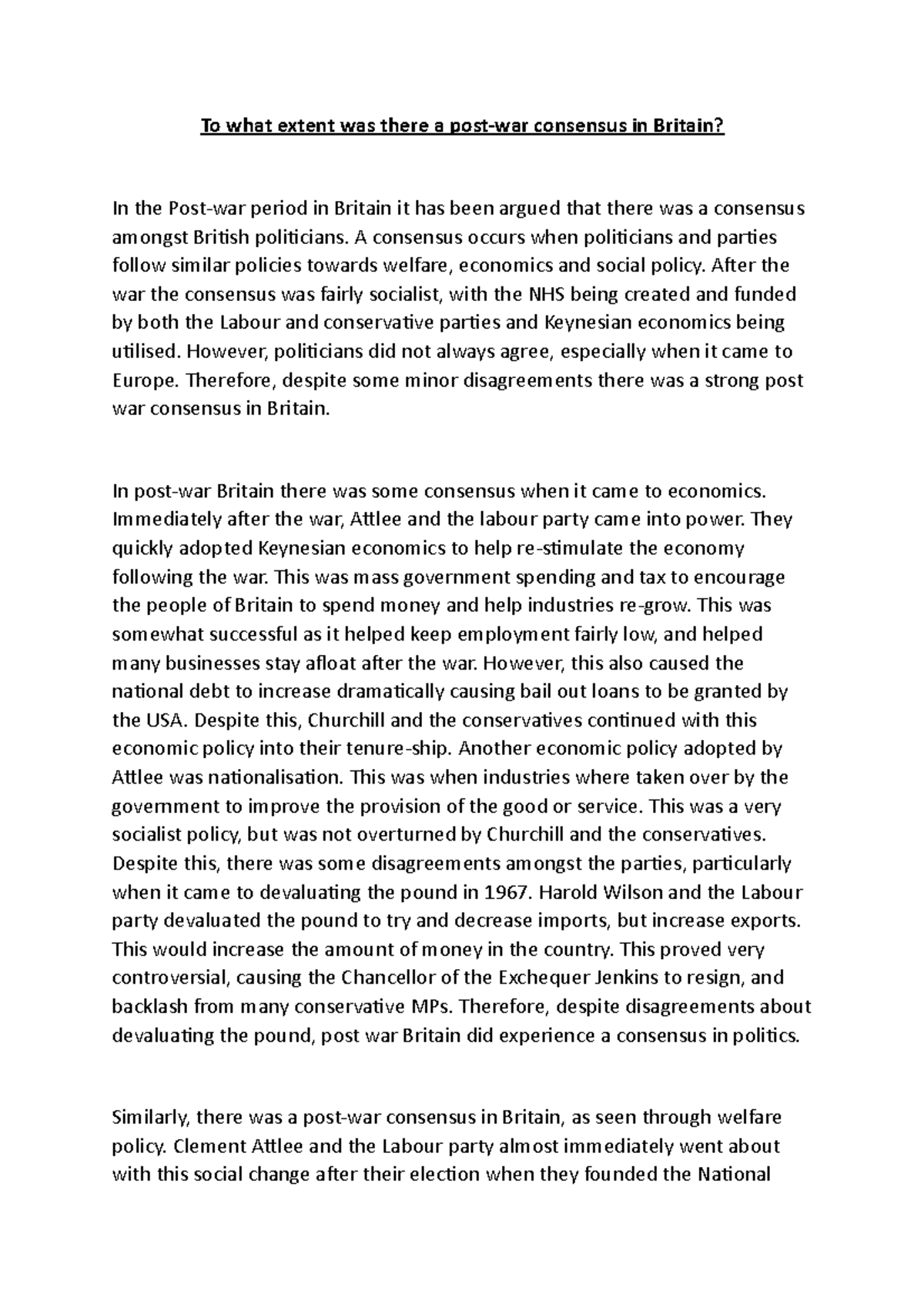 Notes on post war political consensus with essay paragraph - To what ...