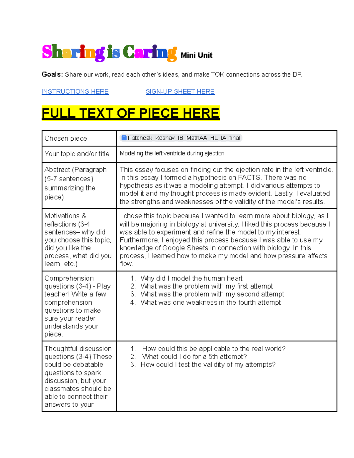 the guide for sharing is caring unit - Sharing is Caring Mini Unit ...