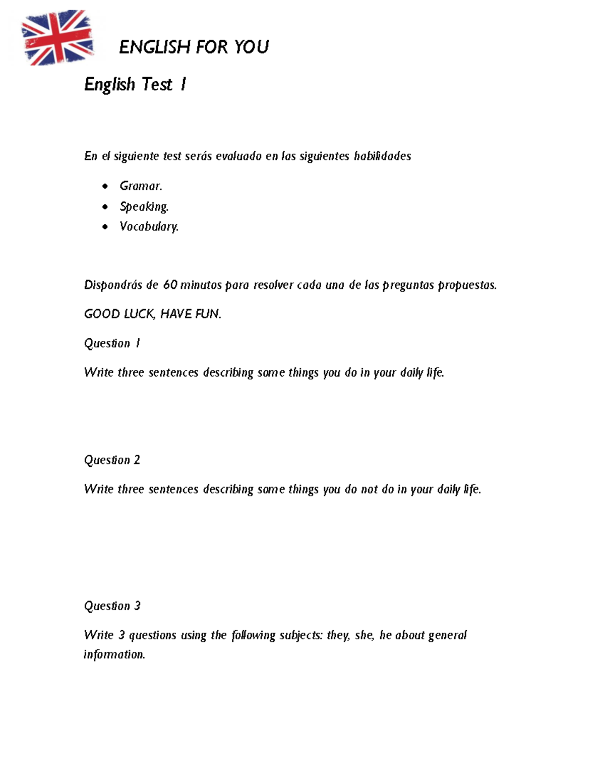 English Test 1 - examen ingles - ENGLISH FOR YOU English Test 1 En el ...