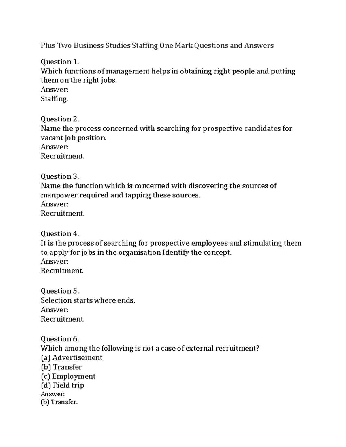 Staffing AND Directing Notes - Plus Two Business Studies Staffing One ...
