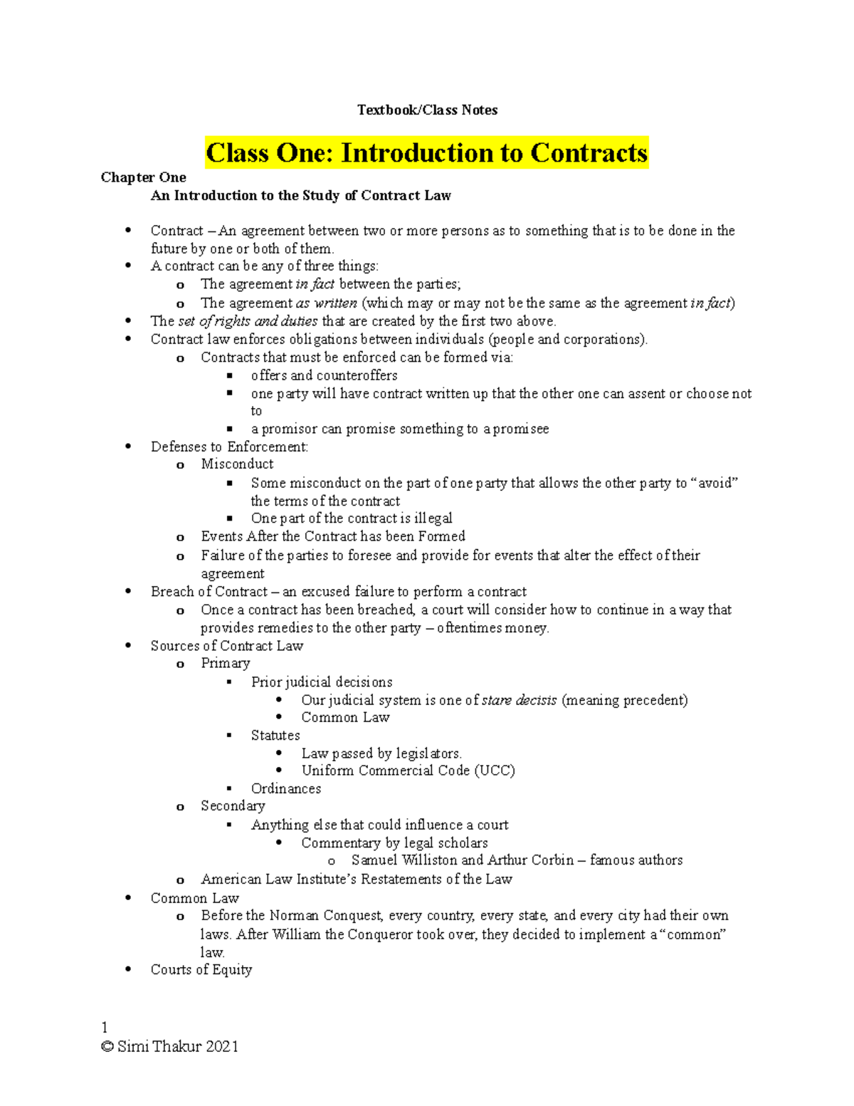 Contracts Notes (2) - Textbook/Class Notes Class One: Introduction to ...