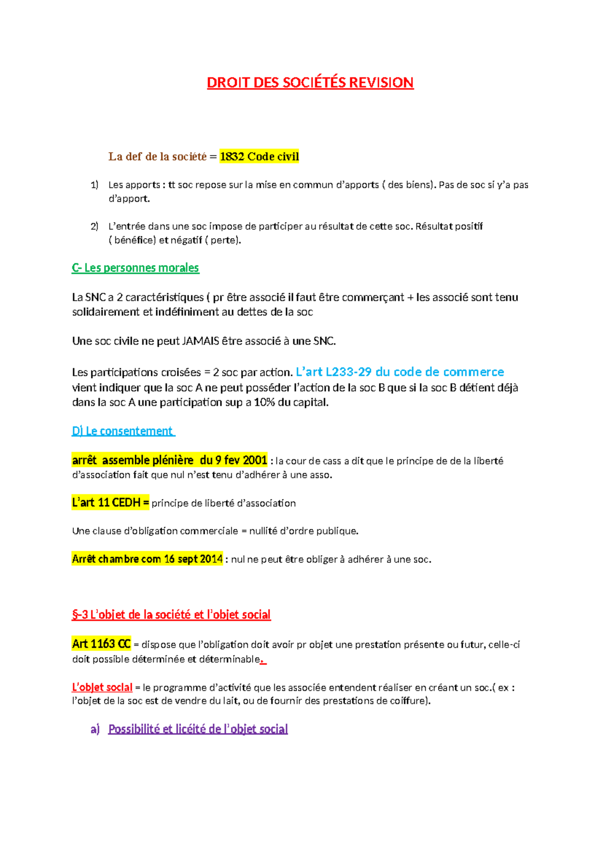 Fiche Revision DDS - DROIT DES SOCIÉTÉS REVISION La def de la société ...