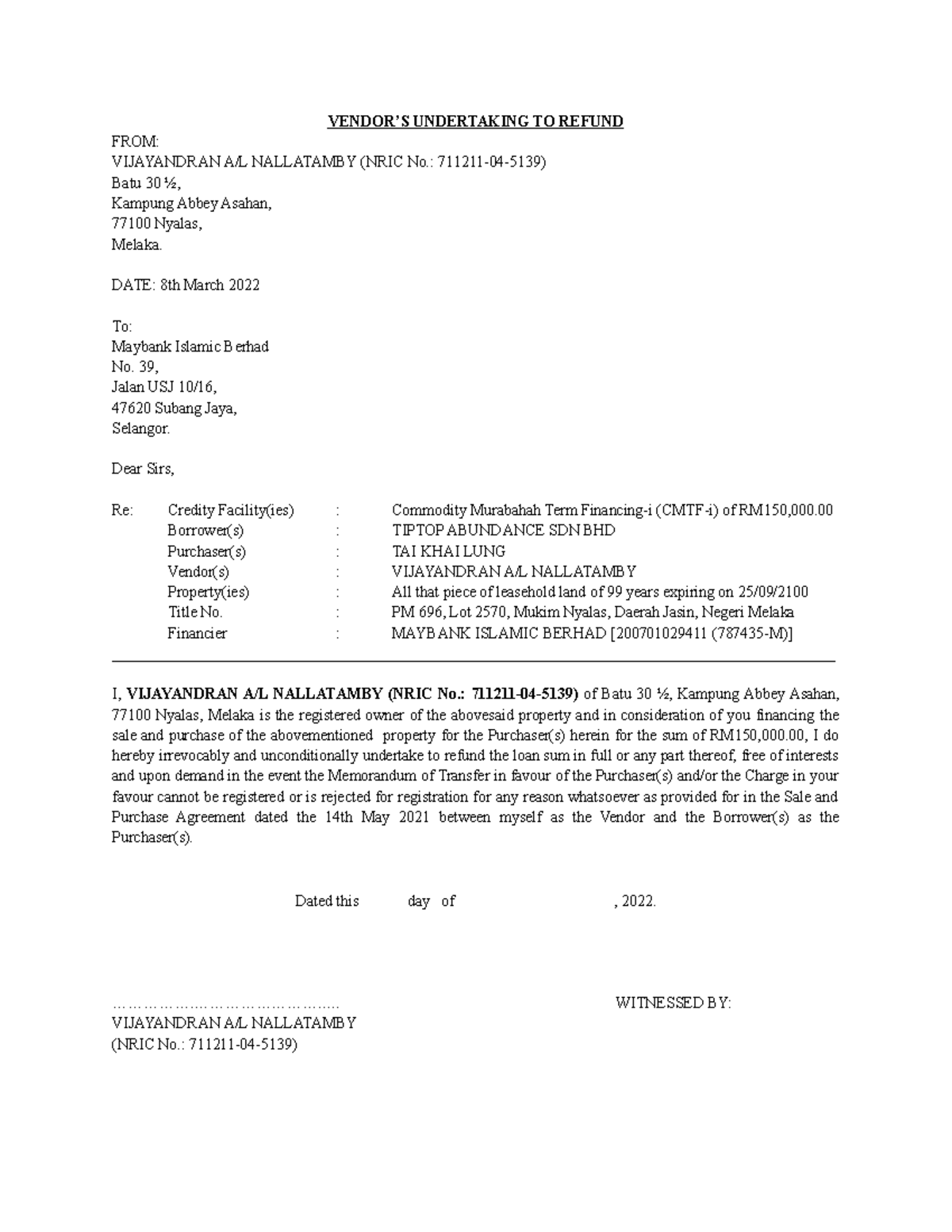 Vendor’S Undertaking TO Refund - VENDOR’S UNDERTAKING TO REFUND FROM ...