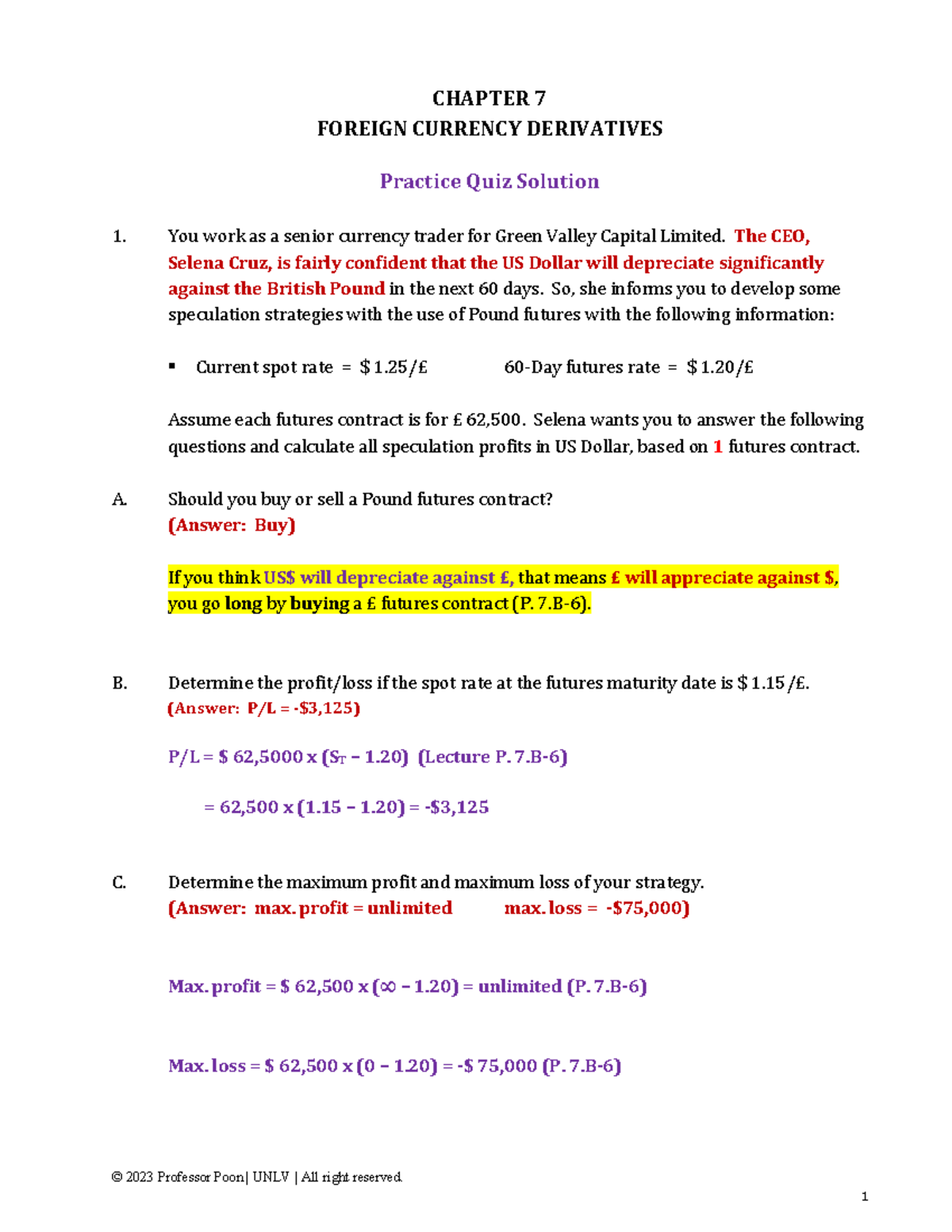 308 Ch 07 FX Derivatives Practice Quiz Solution - © 2023 Professor Poon ...