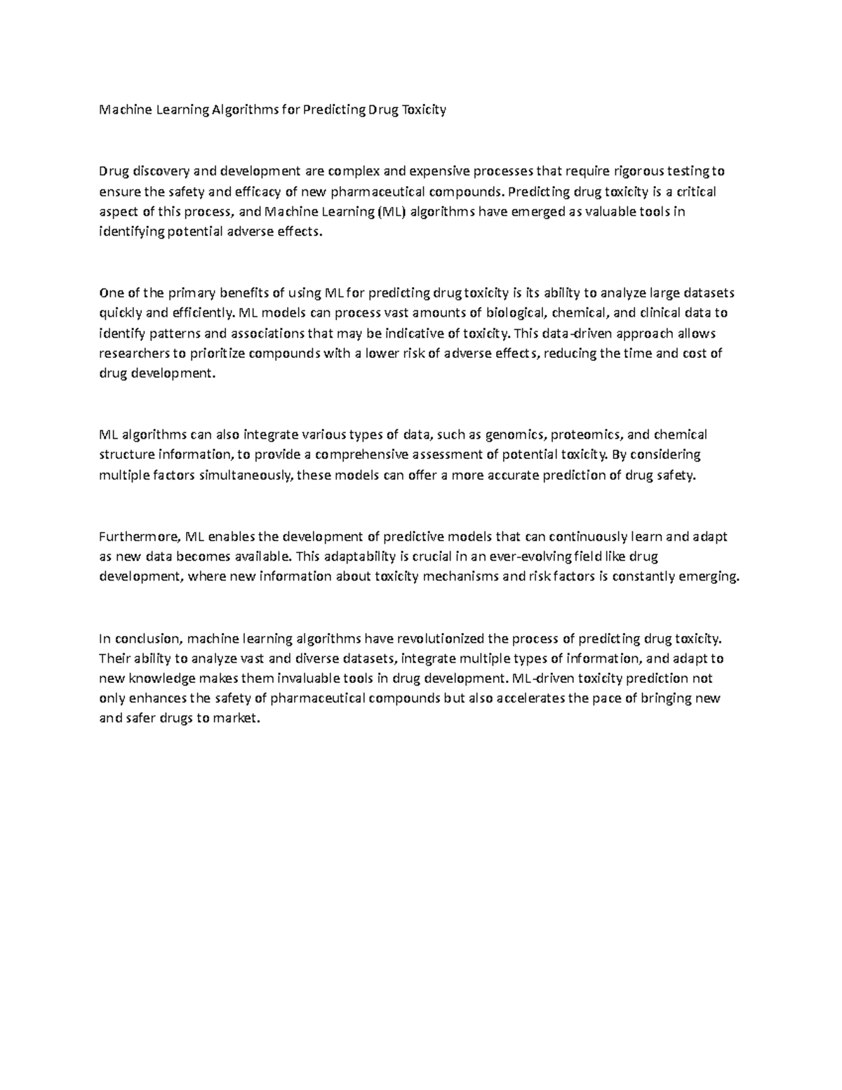 Machine Learning Algorithms For Predicting Drug Toxicity Predicting