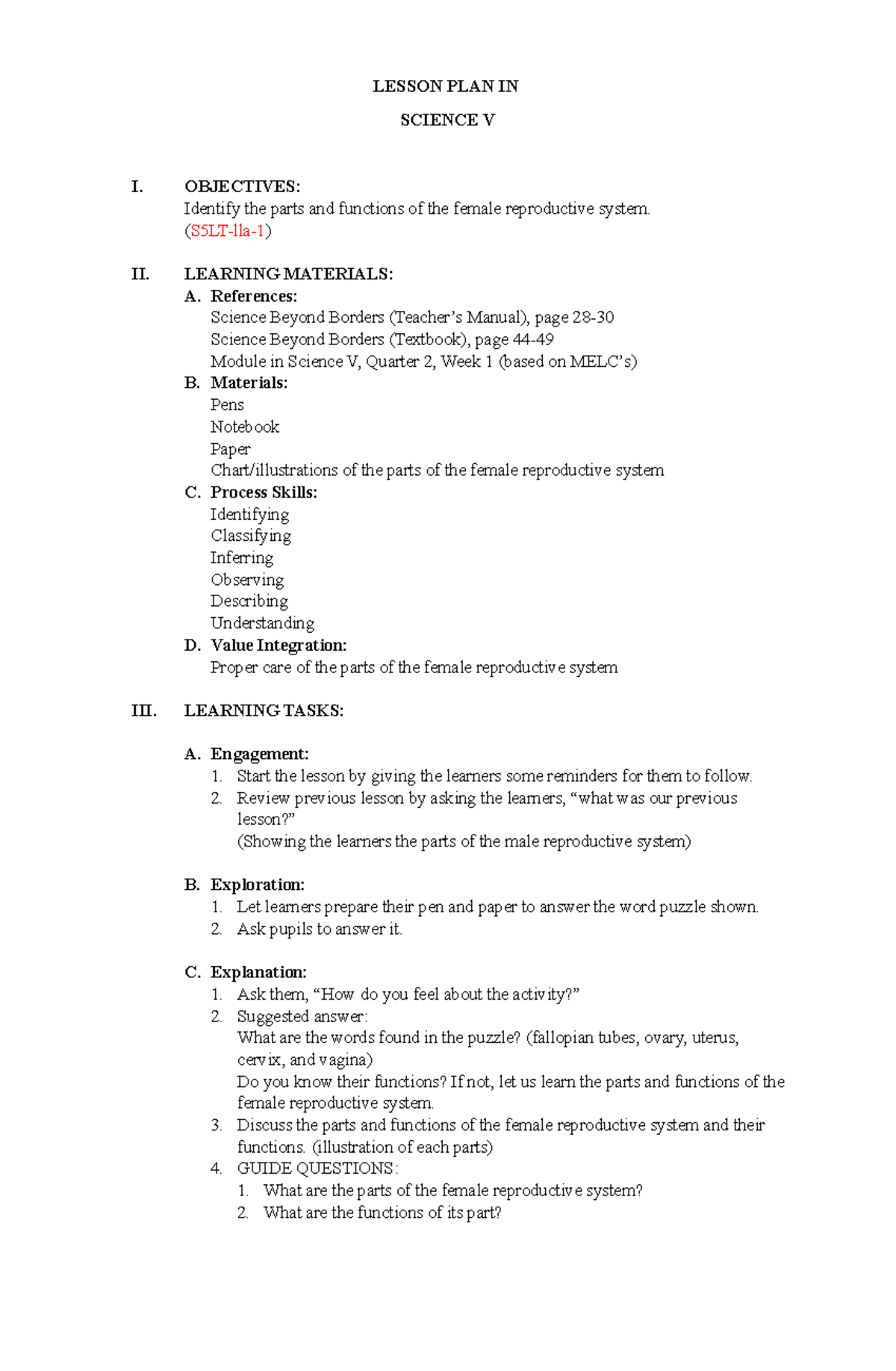 Lesson PLAN IN Science V- COT - LESSON PLAN IN SCIENCE V I. OBJECTIVES ...
