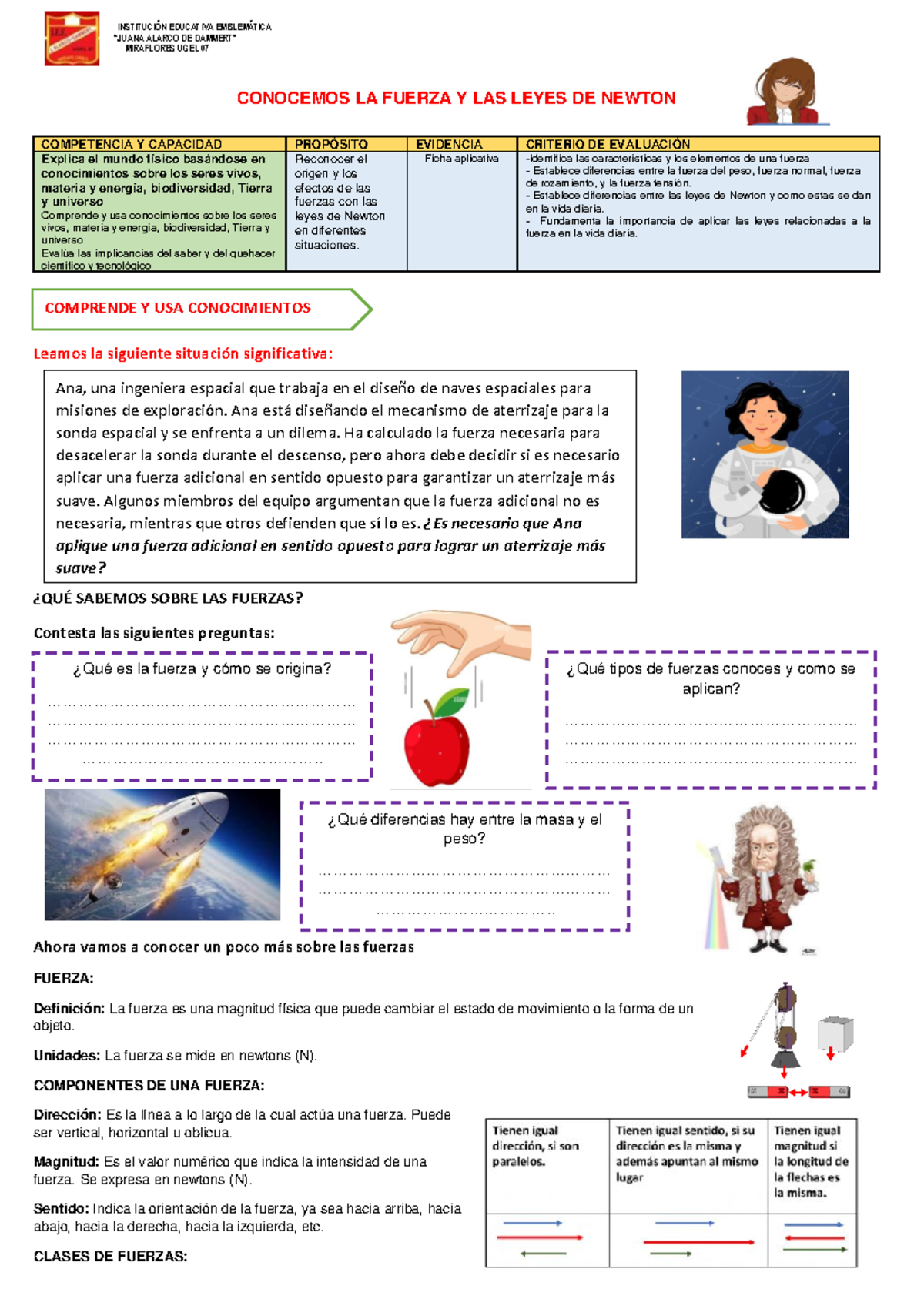 Ficha Fuerzas Y Leyes DE Newton - Explica - “JUANA ALARCO DE DAMMERT ...