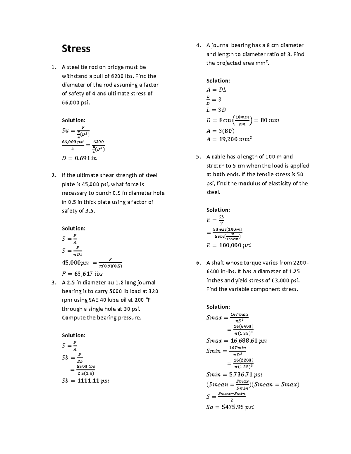Problem Solutions Mechanical Engineering-1 - Stress 1. A steel tie rod ...