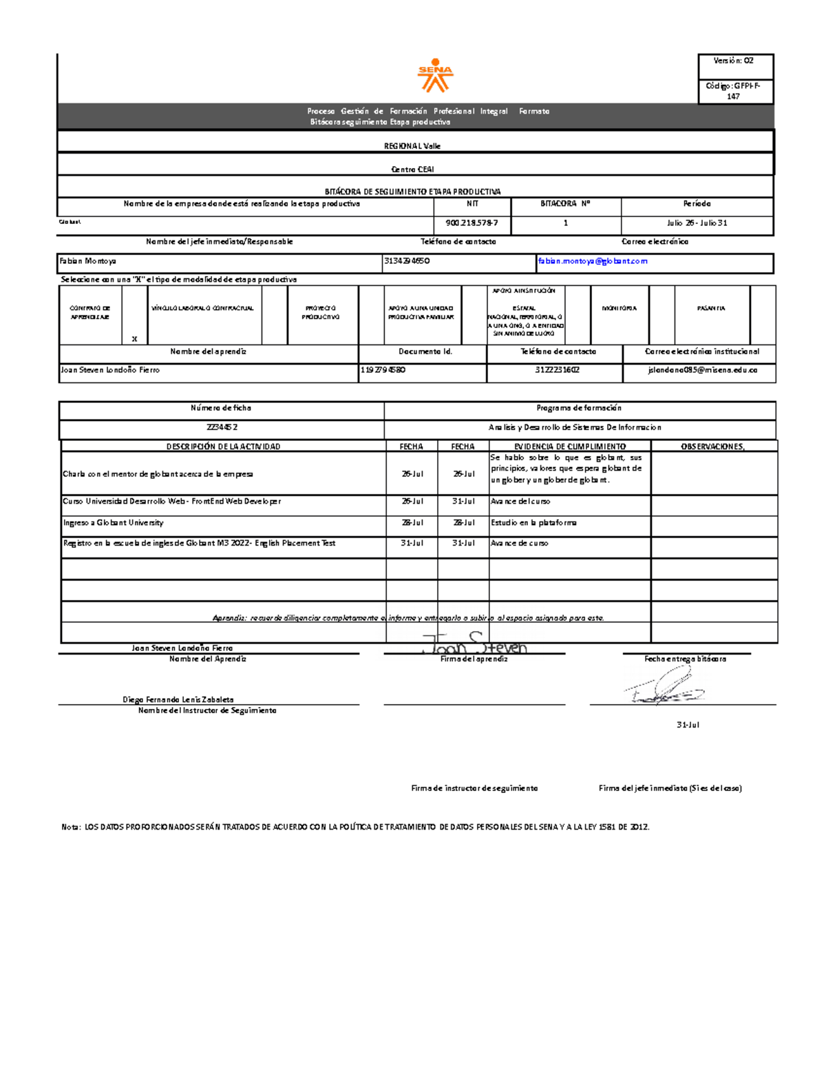 Bitácora%201 - Bitácoras de programacion - Versión: 02 Código: GFPI-F ...