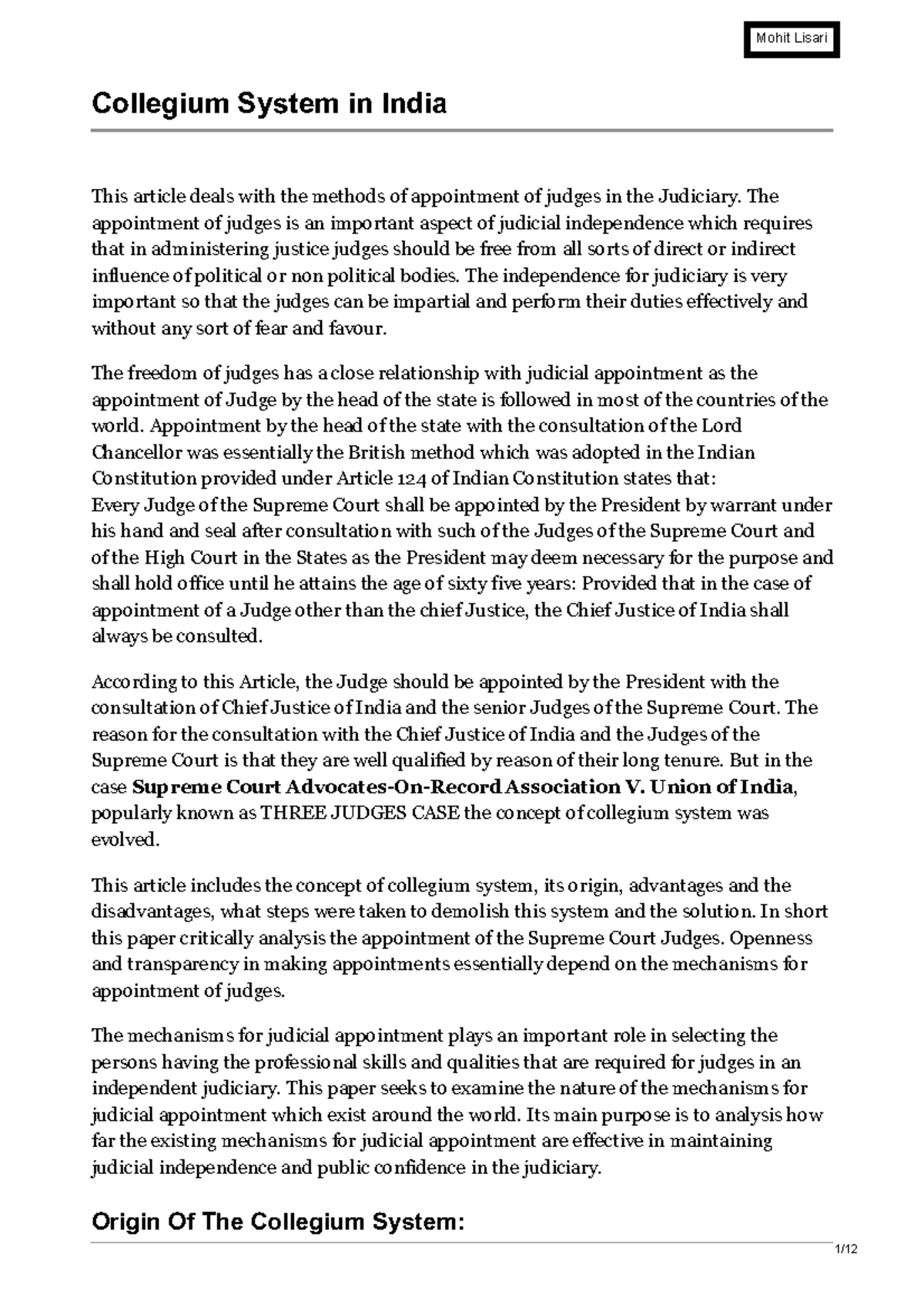 Collegium System in India - Collegium System in India legalserviceindia ...