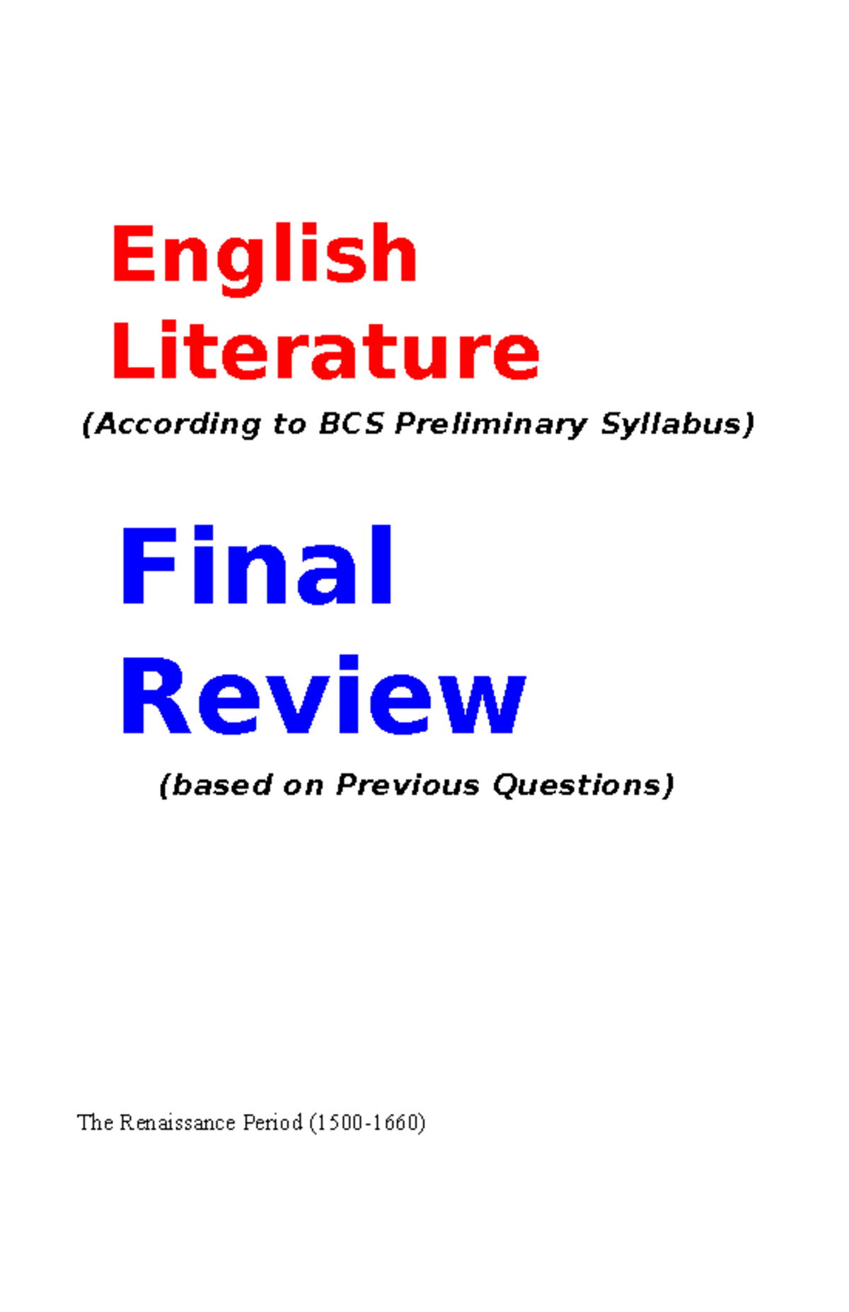 English Literature Final Review - English Literature (According to BCS ...