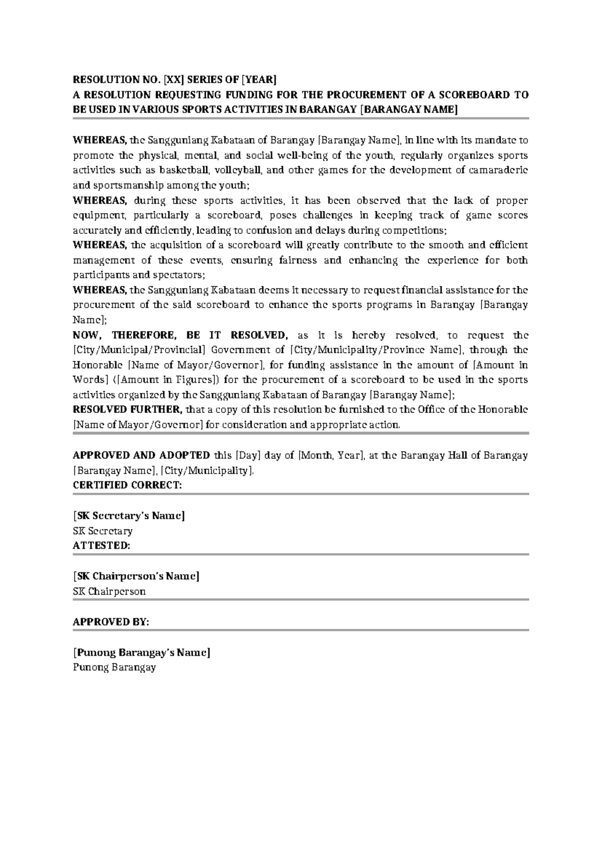 Template Resolution - RESOLUTION NO. [XX] SERIES OF [YEAR] A RESOLUTION ...