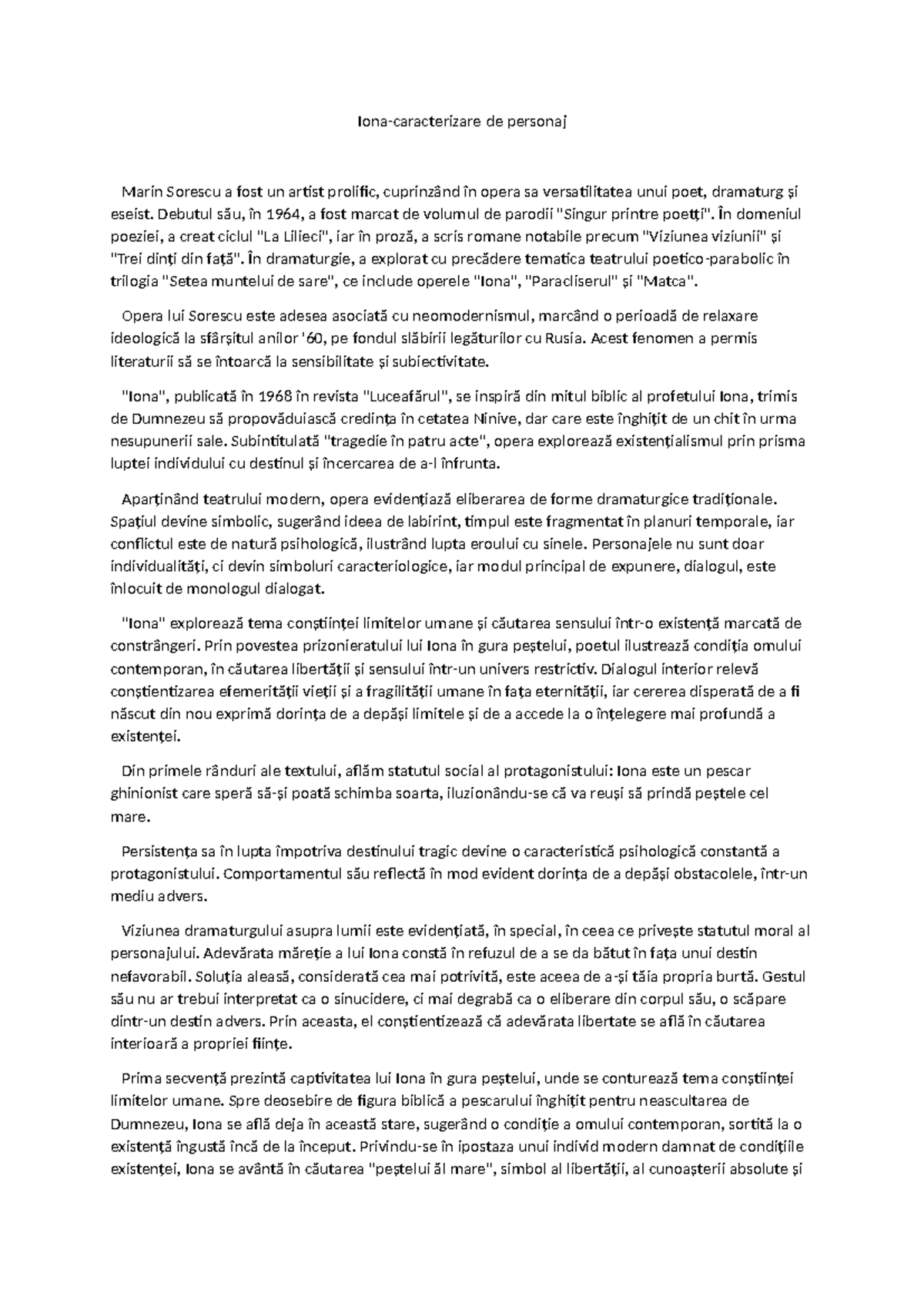 Iona-caracterizare personaj - Iona-caracterizare de personaj Marin Sorescu a fost un artist ...